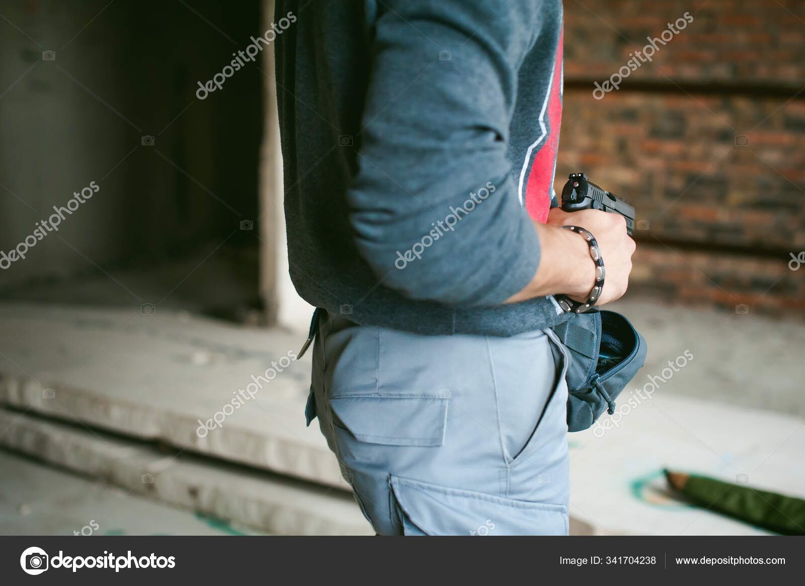Man Pulls Gun Out His Bag Holding His Hand — Stock Photo ...