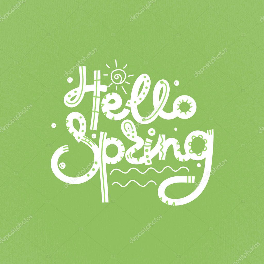 Hola Spring. Lindo creativo dibujado a mano letras. Al estilo Freehand ...
