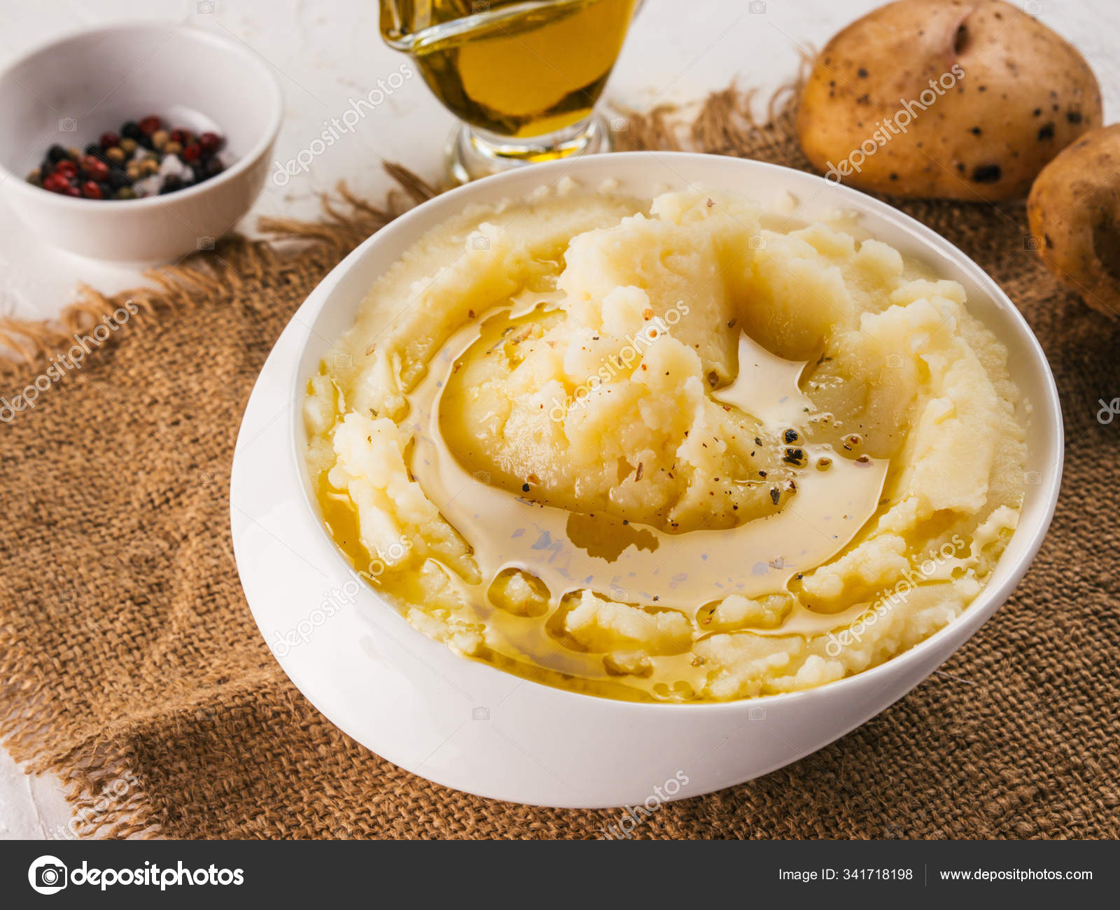 Mashed Potatoes White Bowl Sackcloth Pepper Olive Oil Textured Concrete ...
