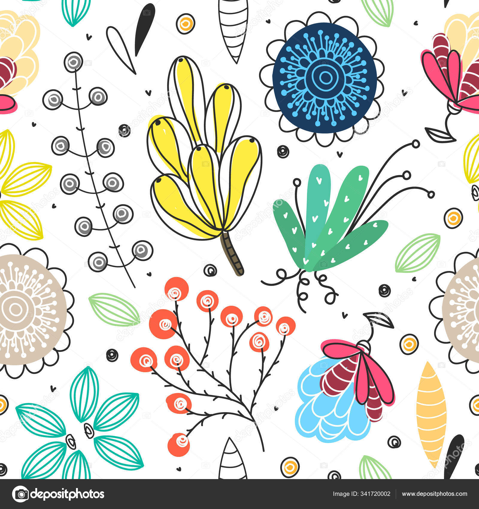Floral Seamless Pattern Hand Drawn Creative Flowers Colorful Artistic ...