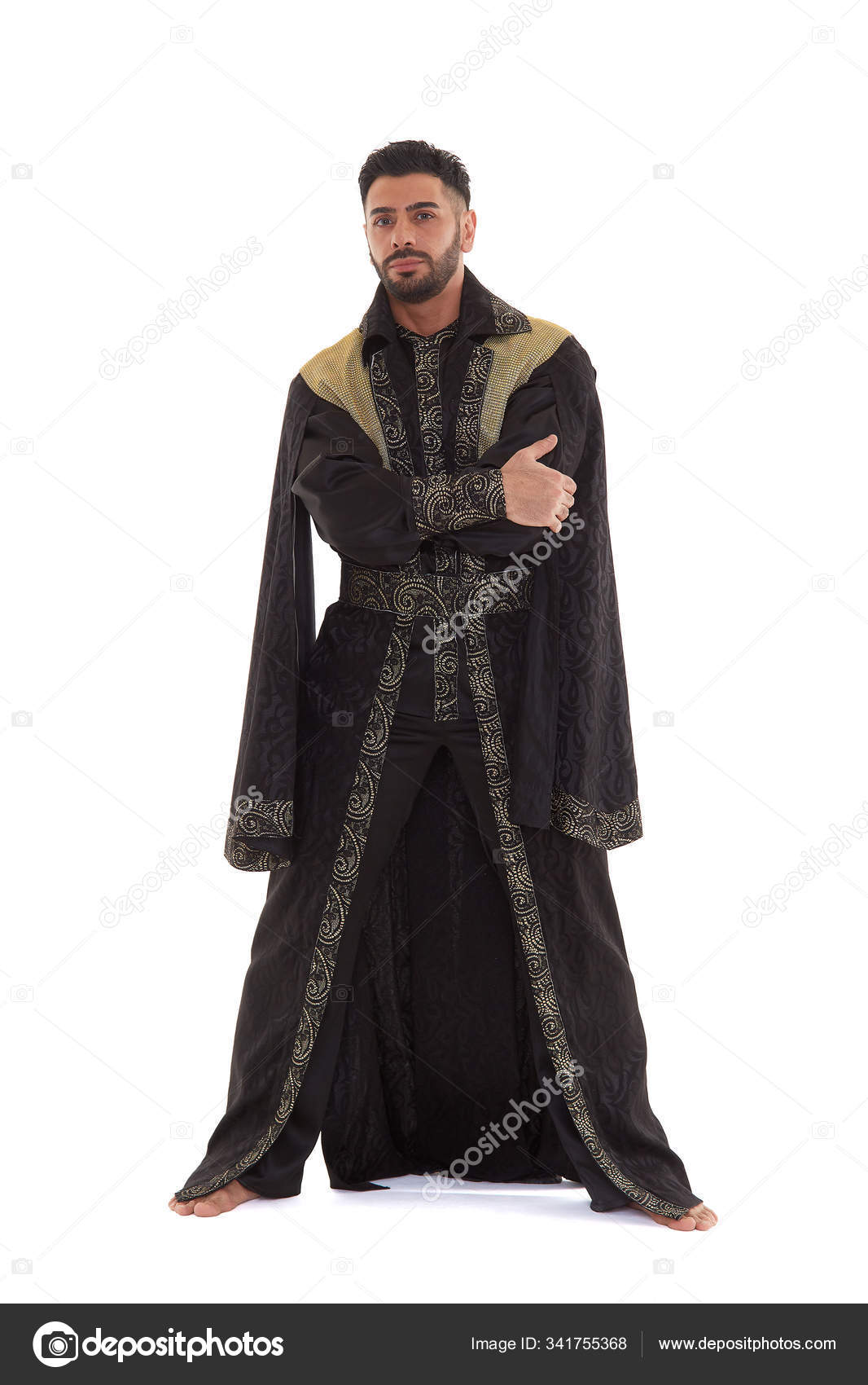 Handsome Strong Courageous Man Oriental Costume Stands White Background ...