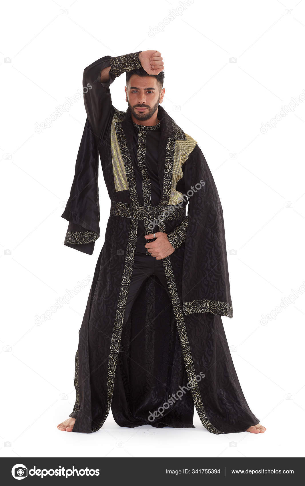 Handsome Strong Courageous Man Oriental Costume Stands White Background ...