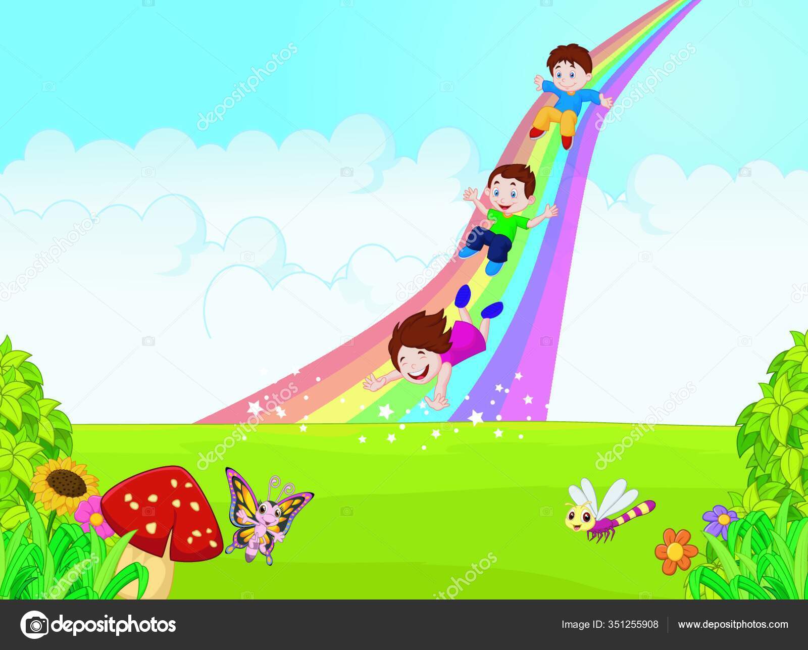 Cartoon Little Kids Playing Slide Rainbow Jungle Stock Vector Image by ... Cartoon Little Kids Playing Slide Rainbow Jungle Stock Vector Image by ...