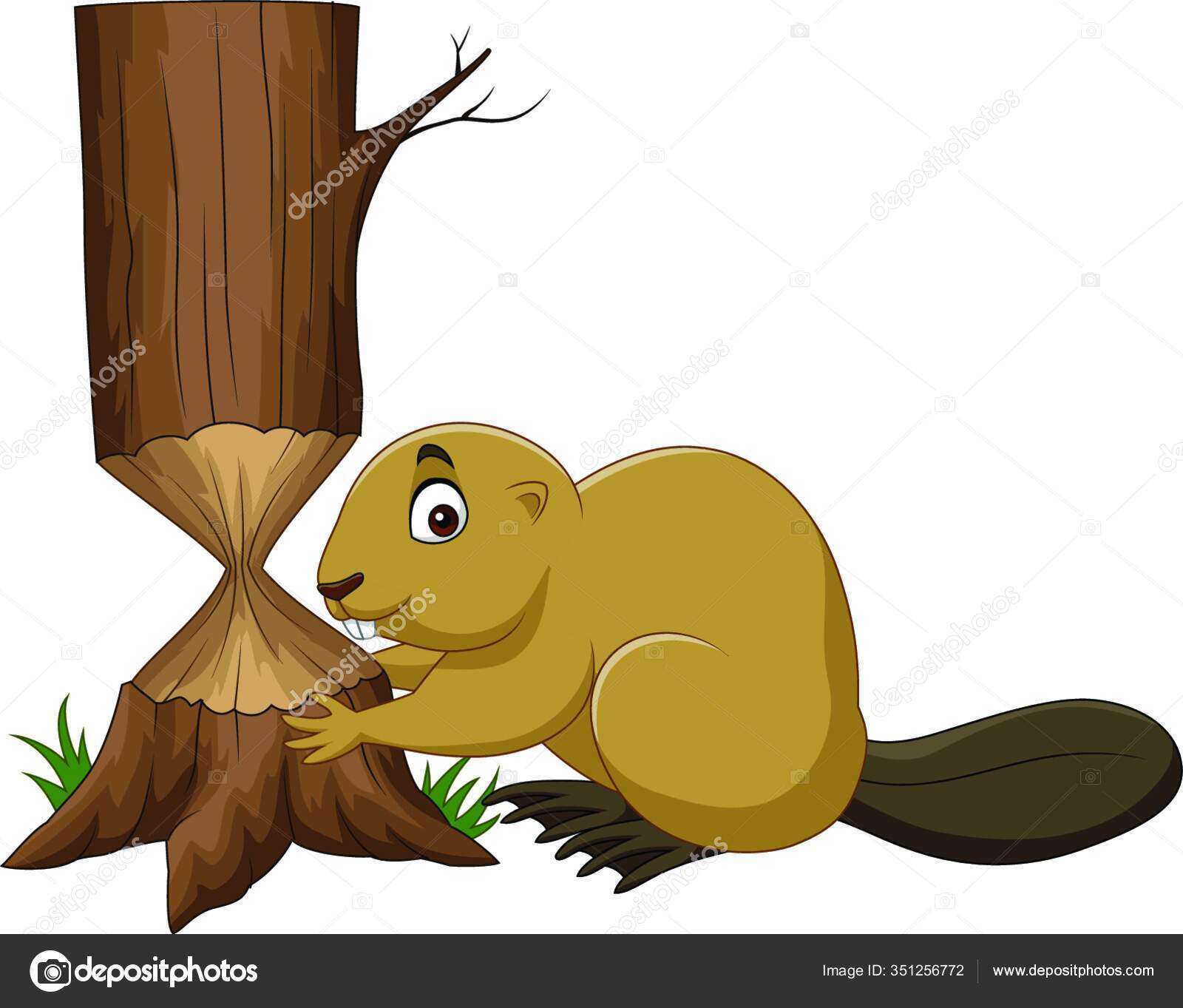Cartoon Beaver Cutting Tree Isolated White Background Stock Vector ...