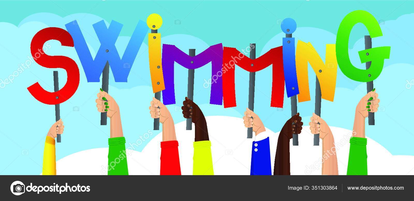 Diverse Hands Holding Letters Alphabet Created Word Swimming Vector ...