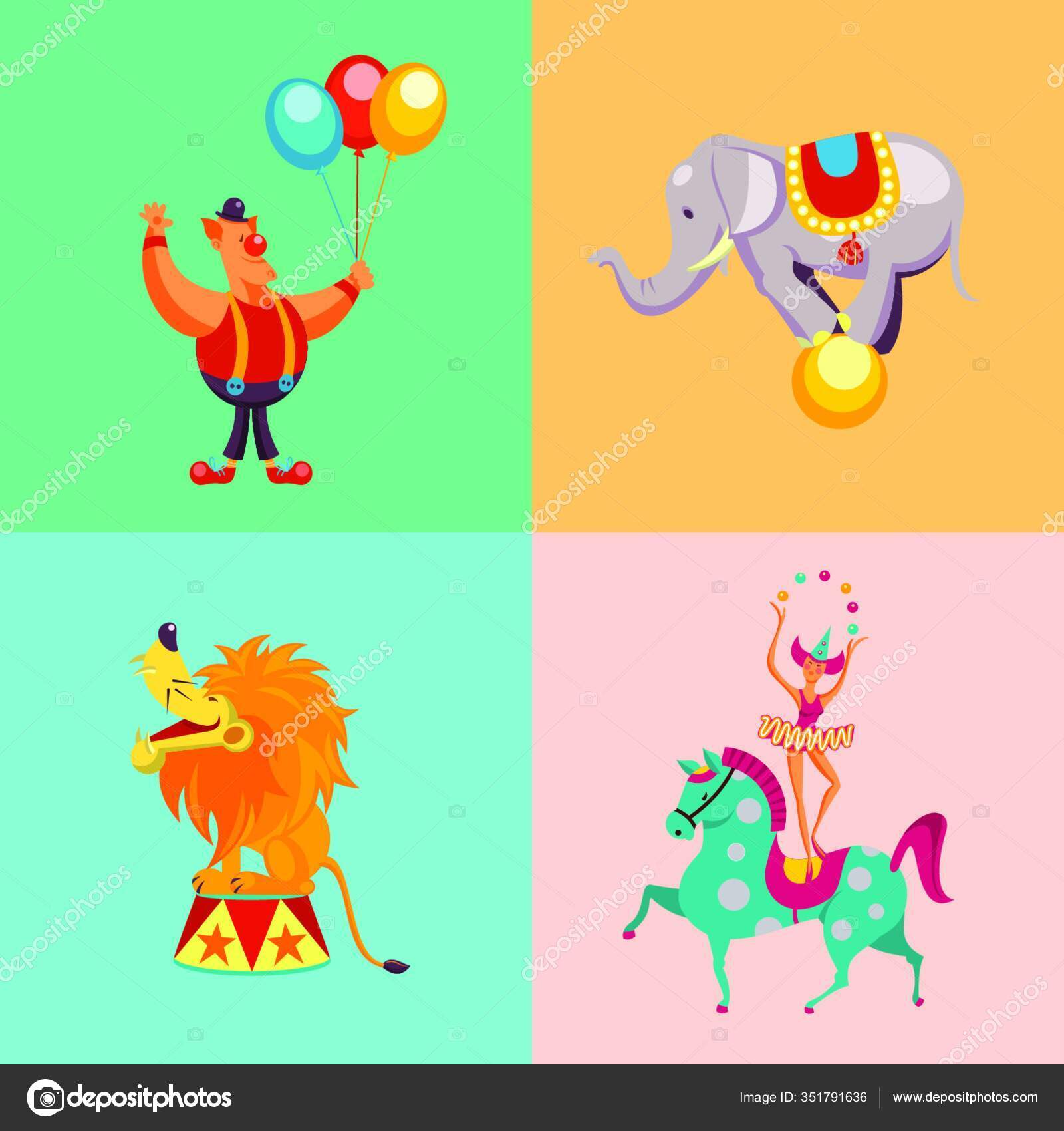 Circus Artists Set Vector Characters Clown Balloons Circus Lion ...