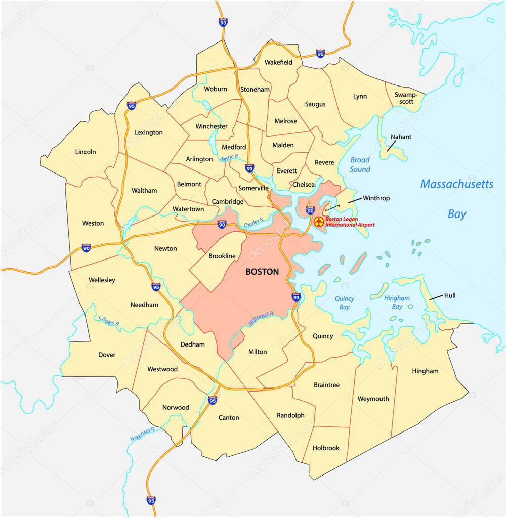 Mapa Vectorial Región Metropolitana Boston Massachusetts Estados Unidos ...