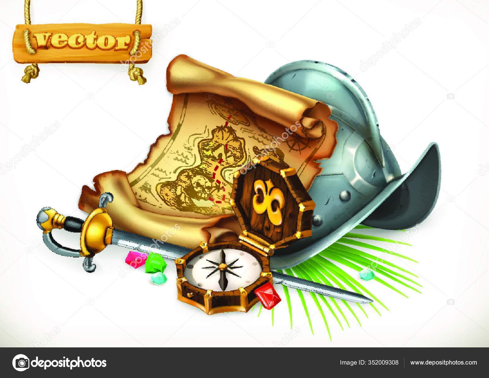 Old Treasure Map Conquistador Helmet Adventure Vector Illustration ...