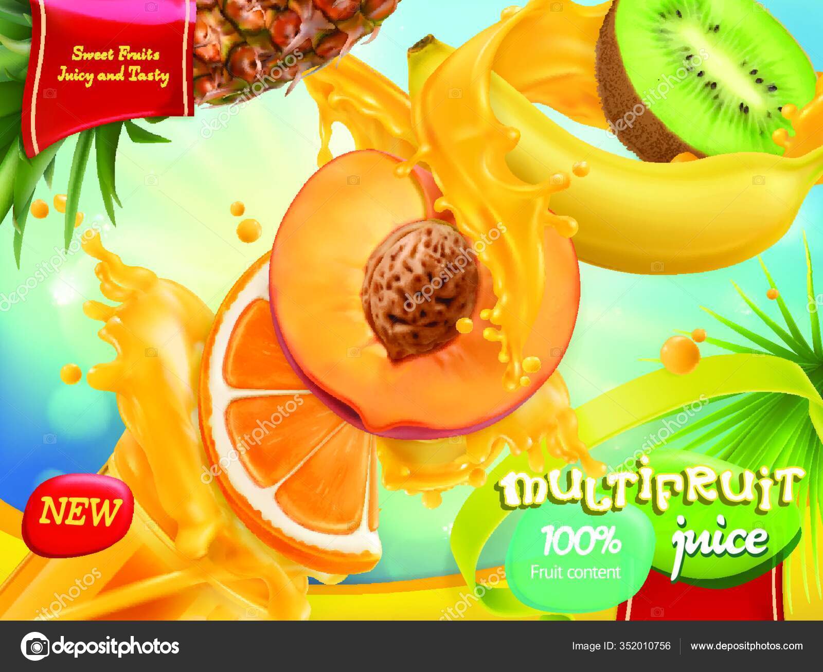 Multifruit Juice Sweet Tropical Fruits Realistic Vector Package Design ...