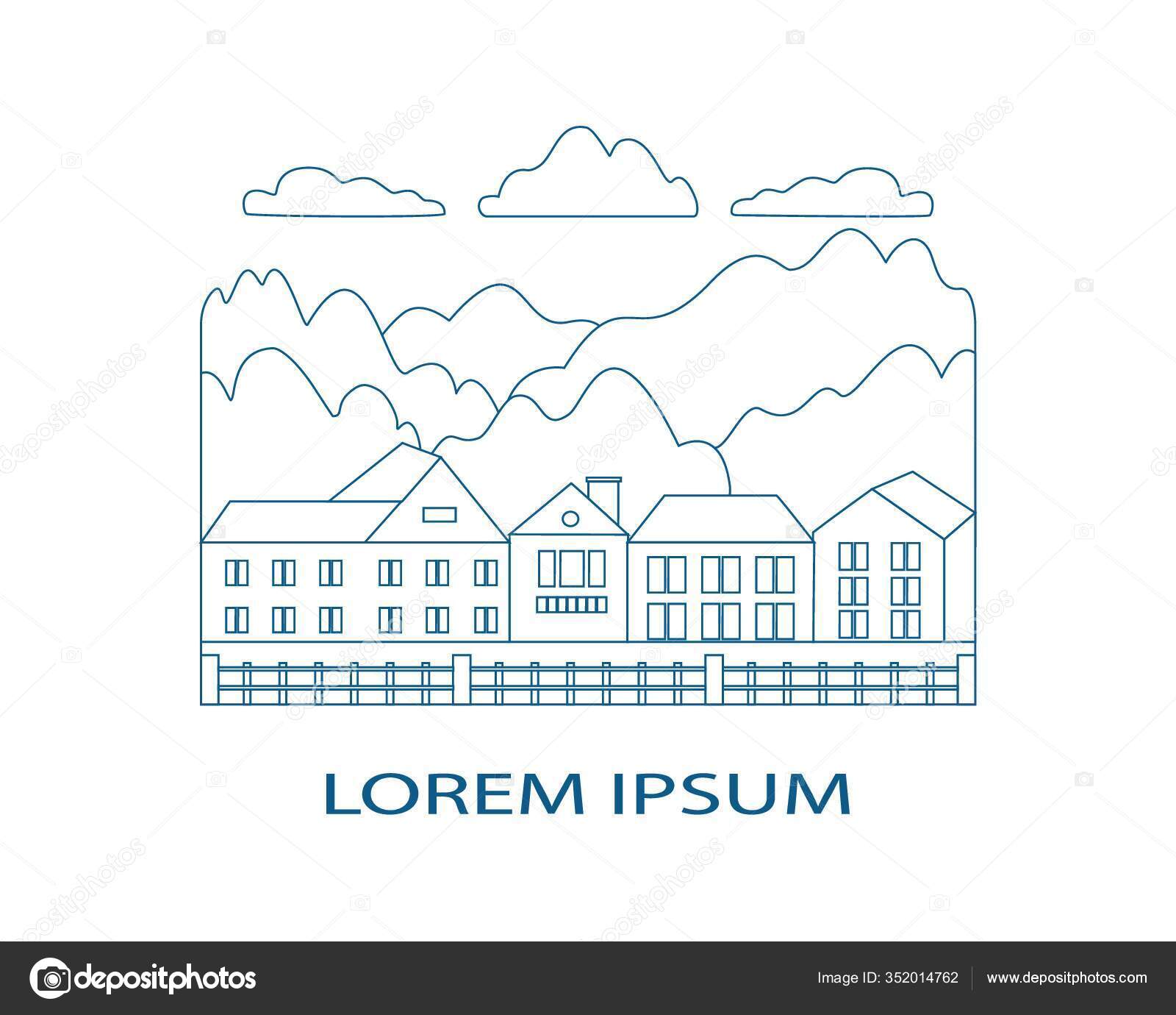 Thin Line Outline Landscape Rural Farm Symbol Design Village Outdoor ...