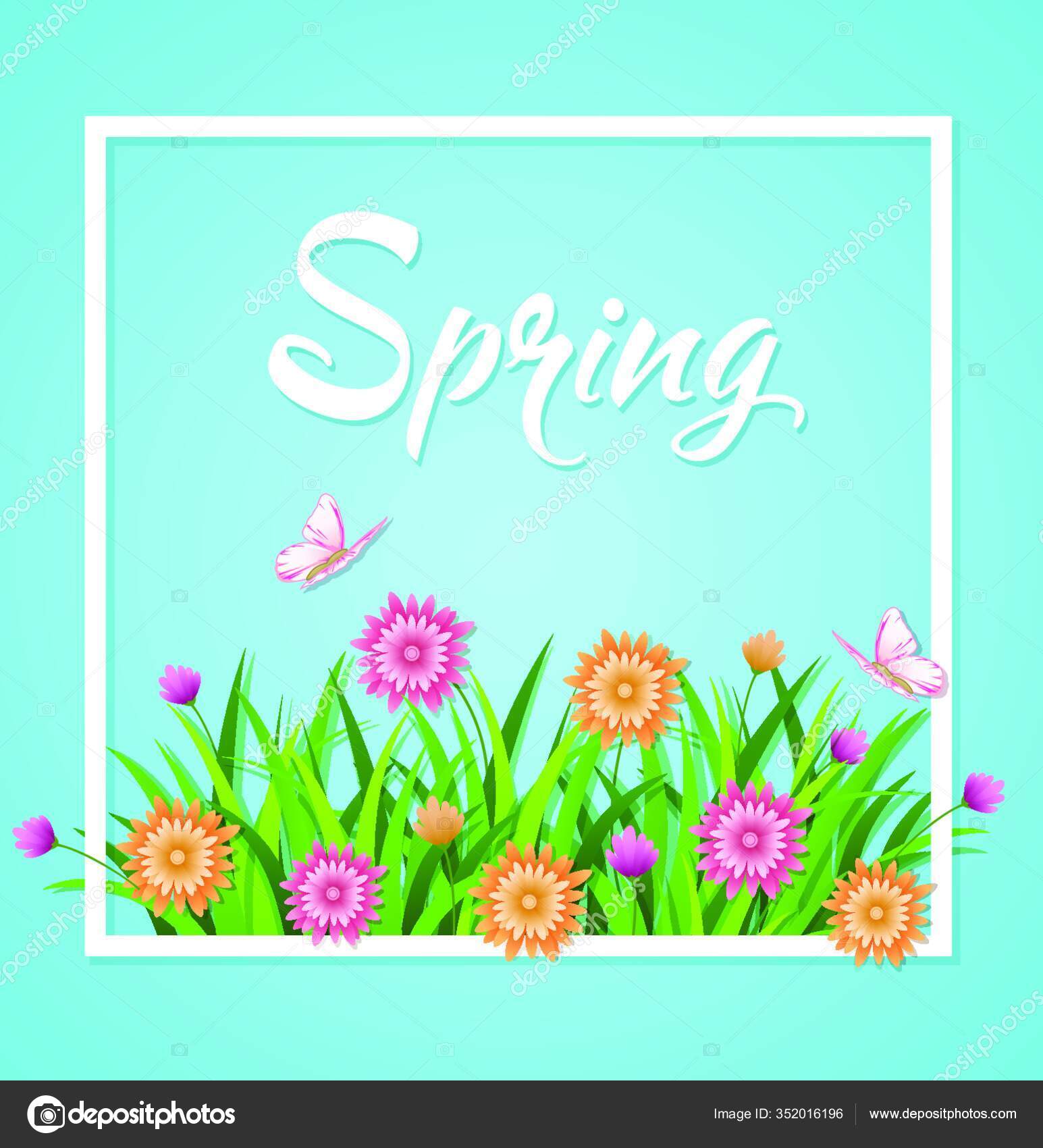 Blue Spring Background Green Grass Flowers Vector Illustration Stock ...