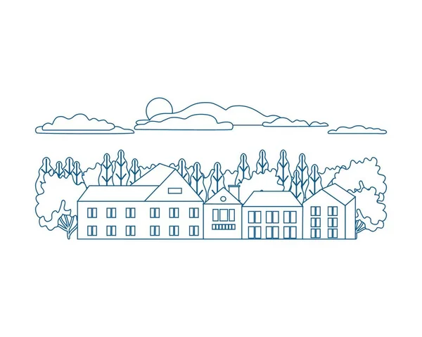 Thin Line Outline Landscape Rural Farm Panorama Outdoor Design Village ...