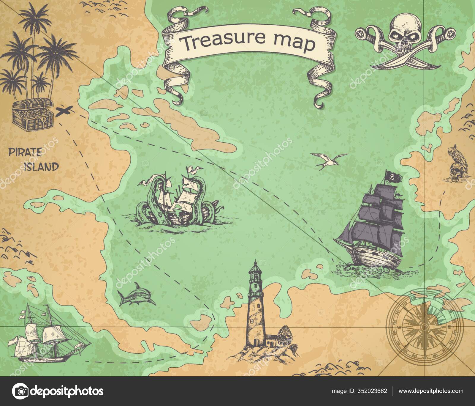 Vintage Vector Pirate Map Sailing Vessels Ancient Treasure Map Ships ...