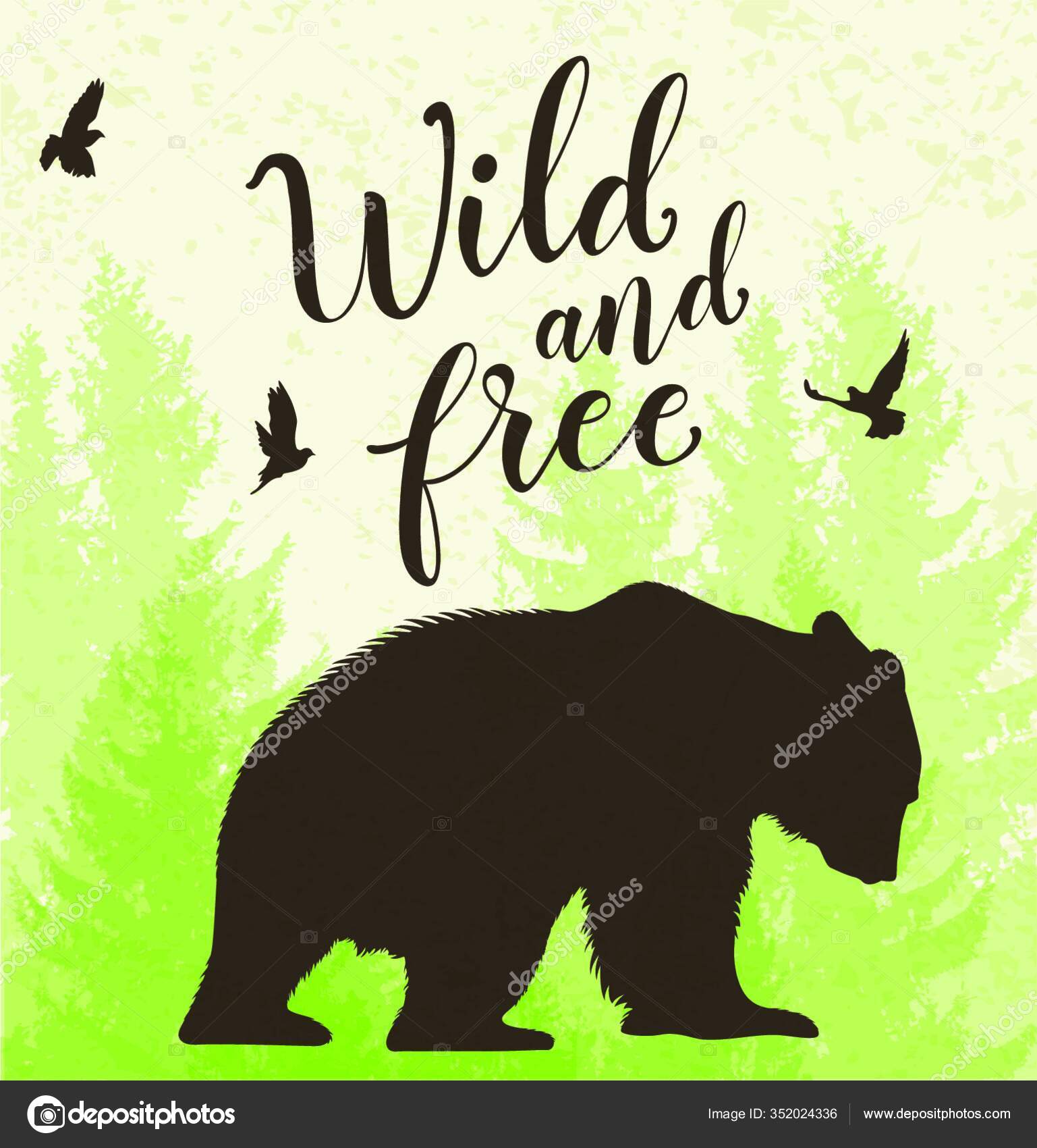 Green Nature Landscape Bear Tree Birds Wild Free Lettering Stock Vector ...