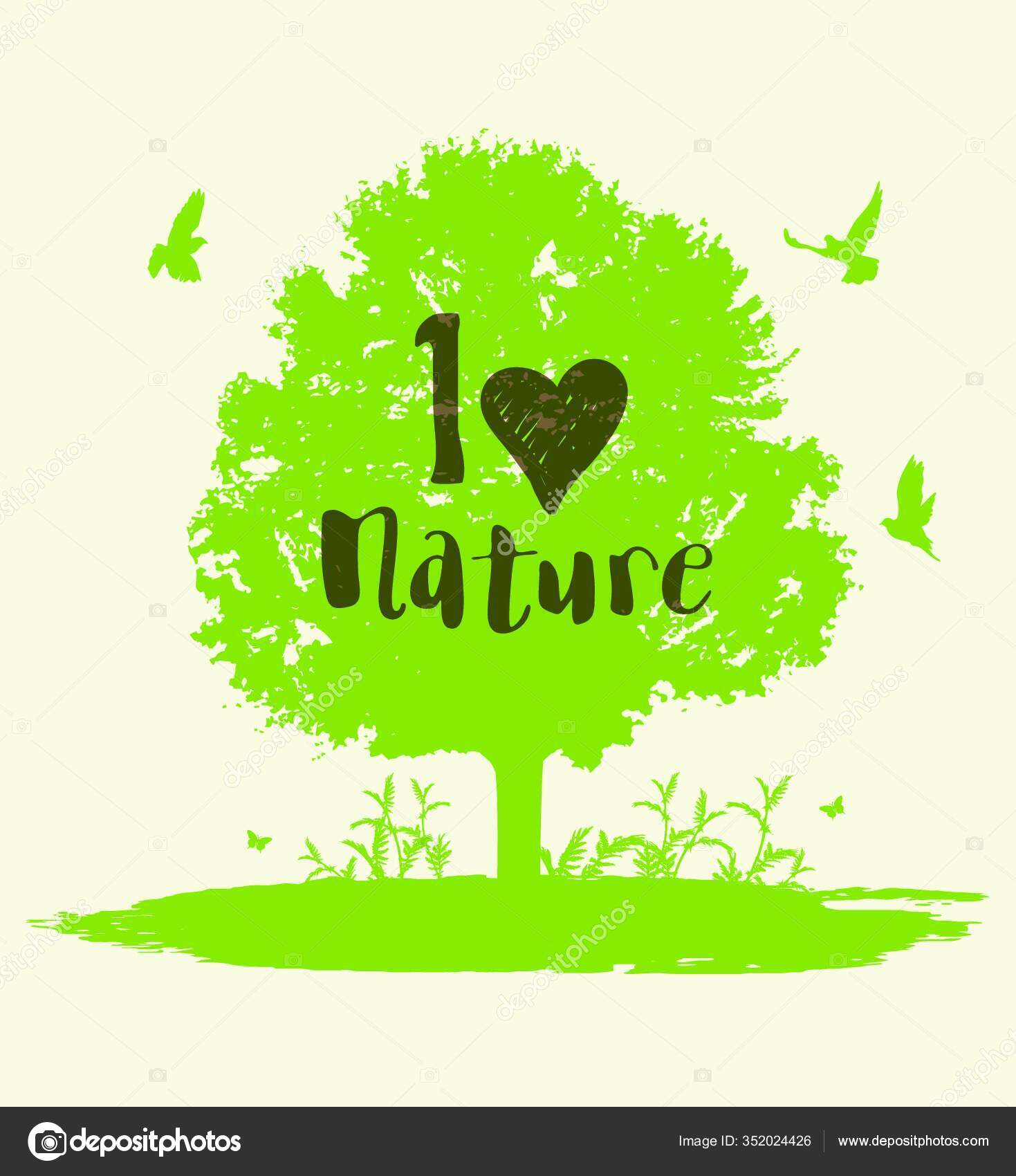 Green Background Tree Birds Ecology Concept Love Nature Lettering Stock ...