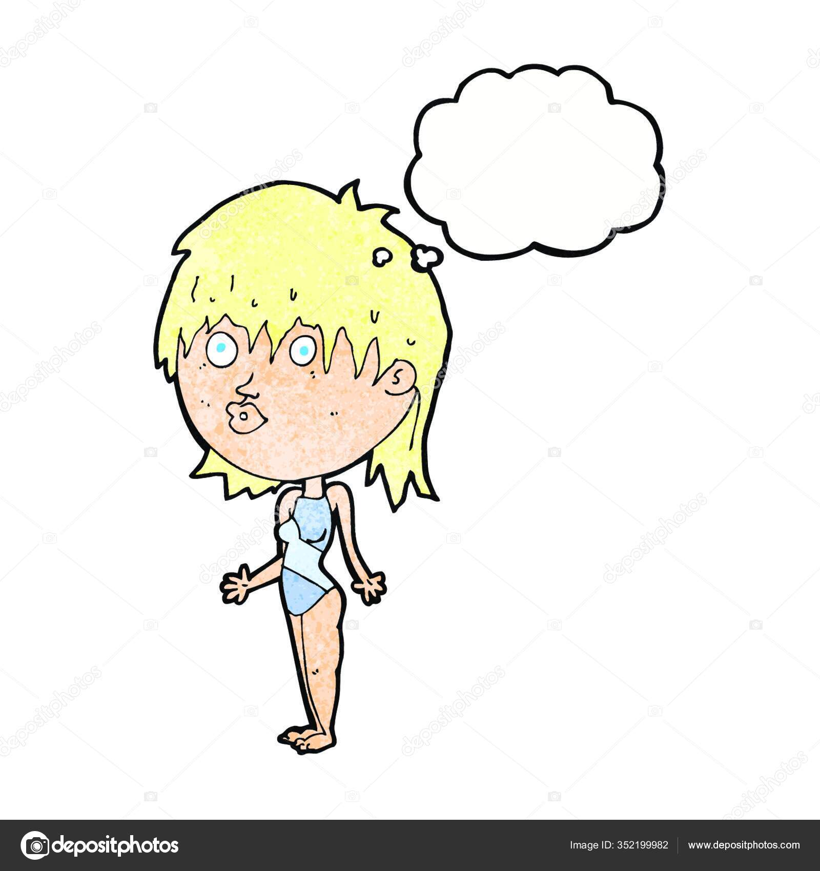Cartoon Woman Swimsuit Shrugging Shoulders Speech Bubble Stock