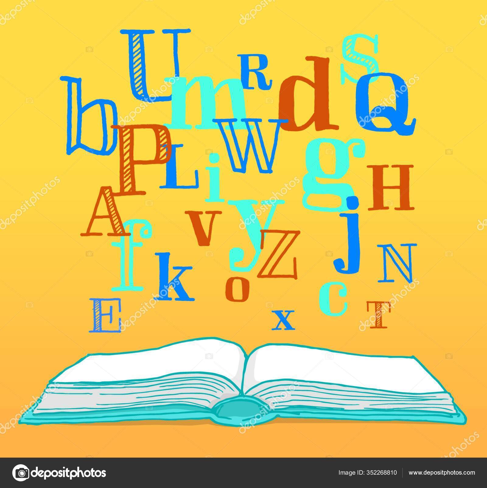 Dibujos Animados Ilustración Diferentes Letras Flotando Libro Vector de ...