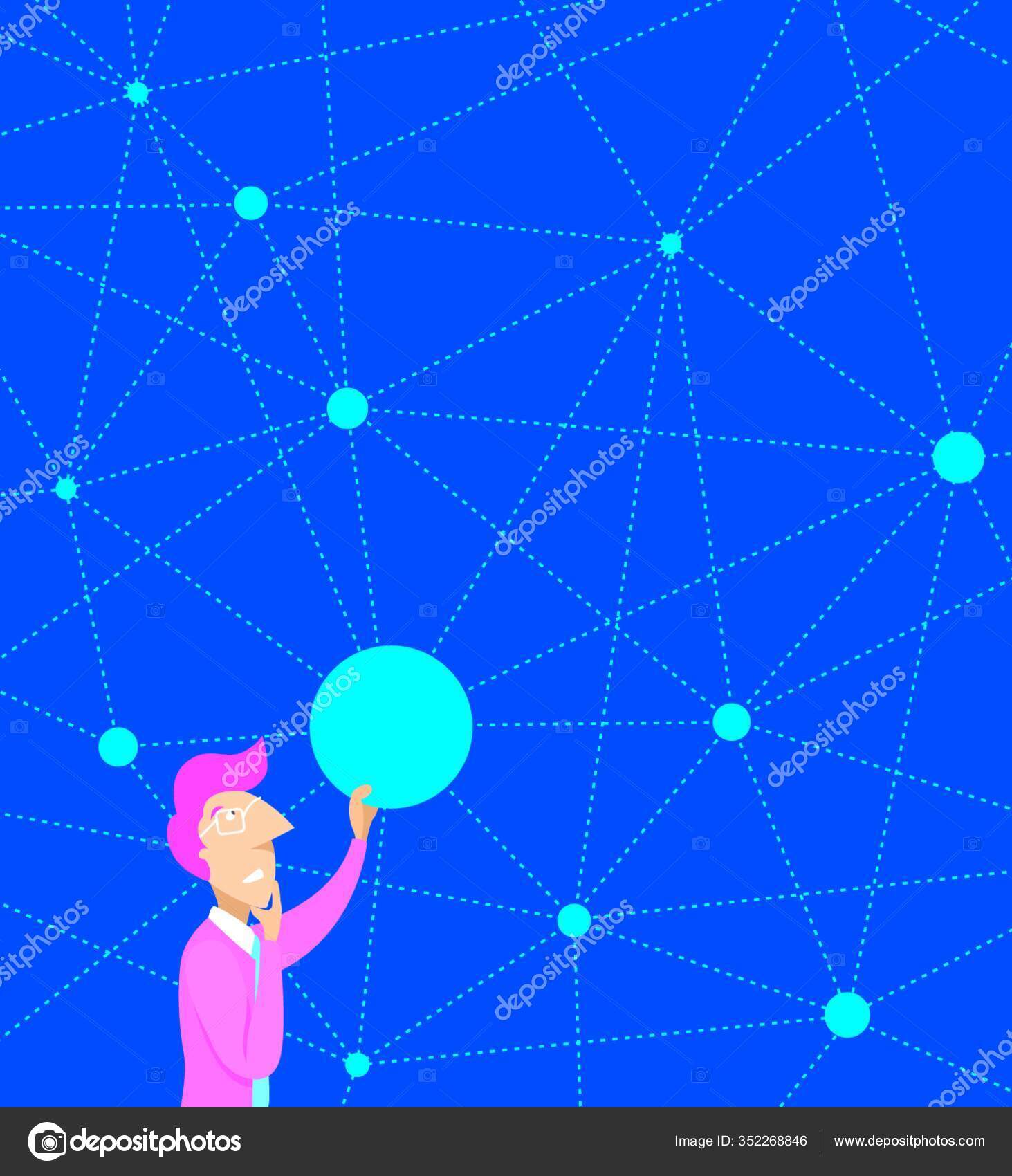 Cartoon Illustration Man Thinking Connecting Dots Complex Network Stock ...