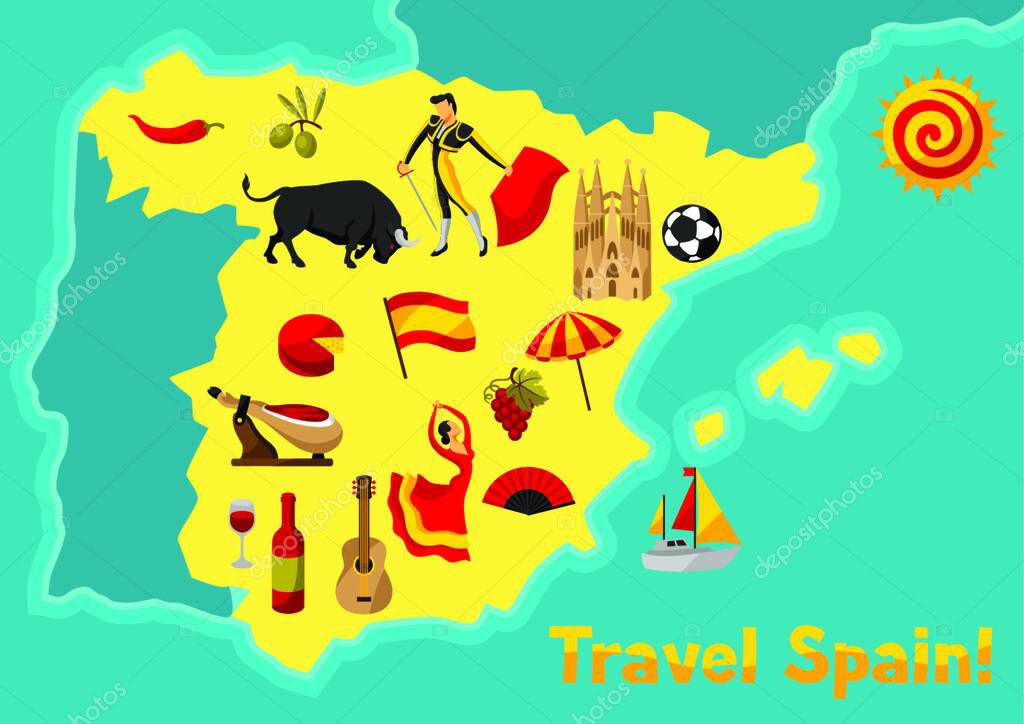 Mapa España Diseño Fondo Simbolos Objetos Tradicionales Españoles Mapa ...