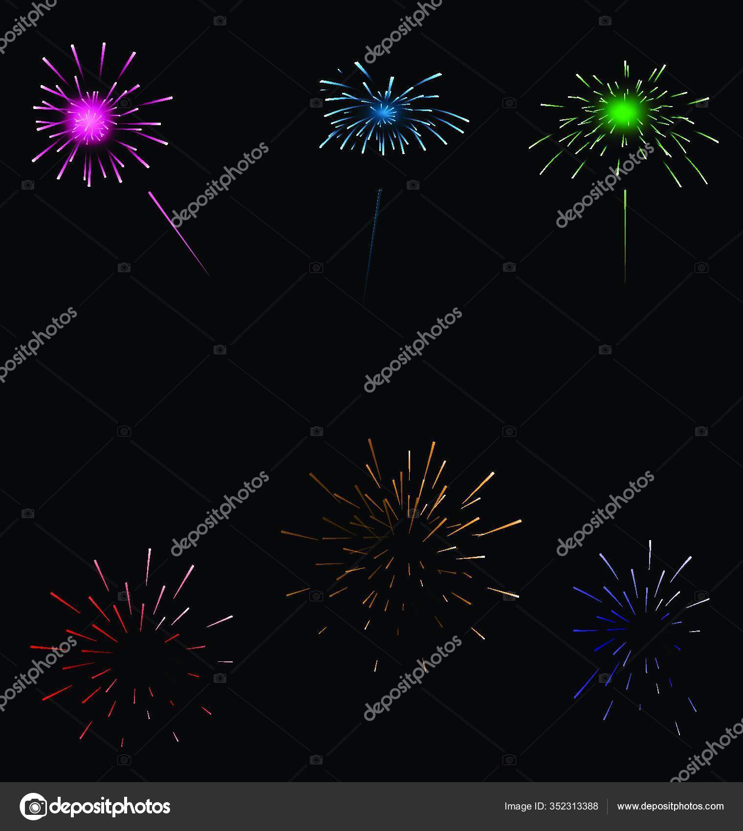 Illustration Set Colorful Fireworks Dark Background Vector Stock Vector ...
