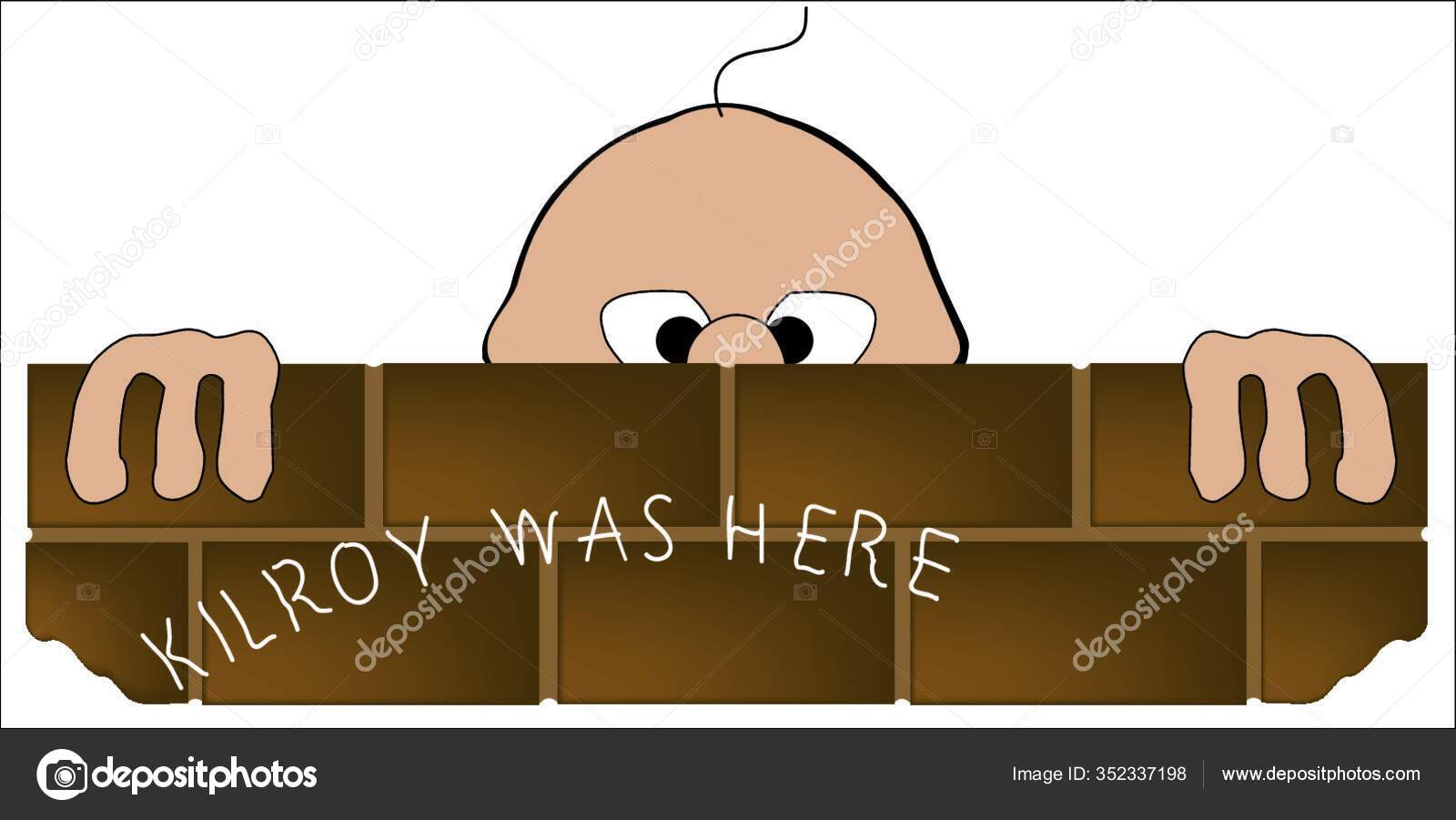 Cartoon Man Looking Brick Wall Inscription Written Wall Kilroy Here ...