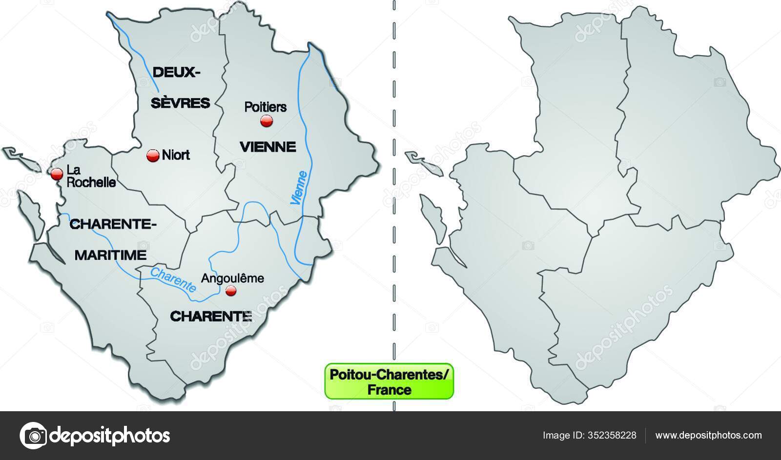 Poitou Charentes France Island Map Area Optional Borders Gray Card ...