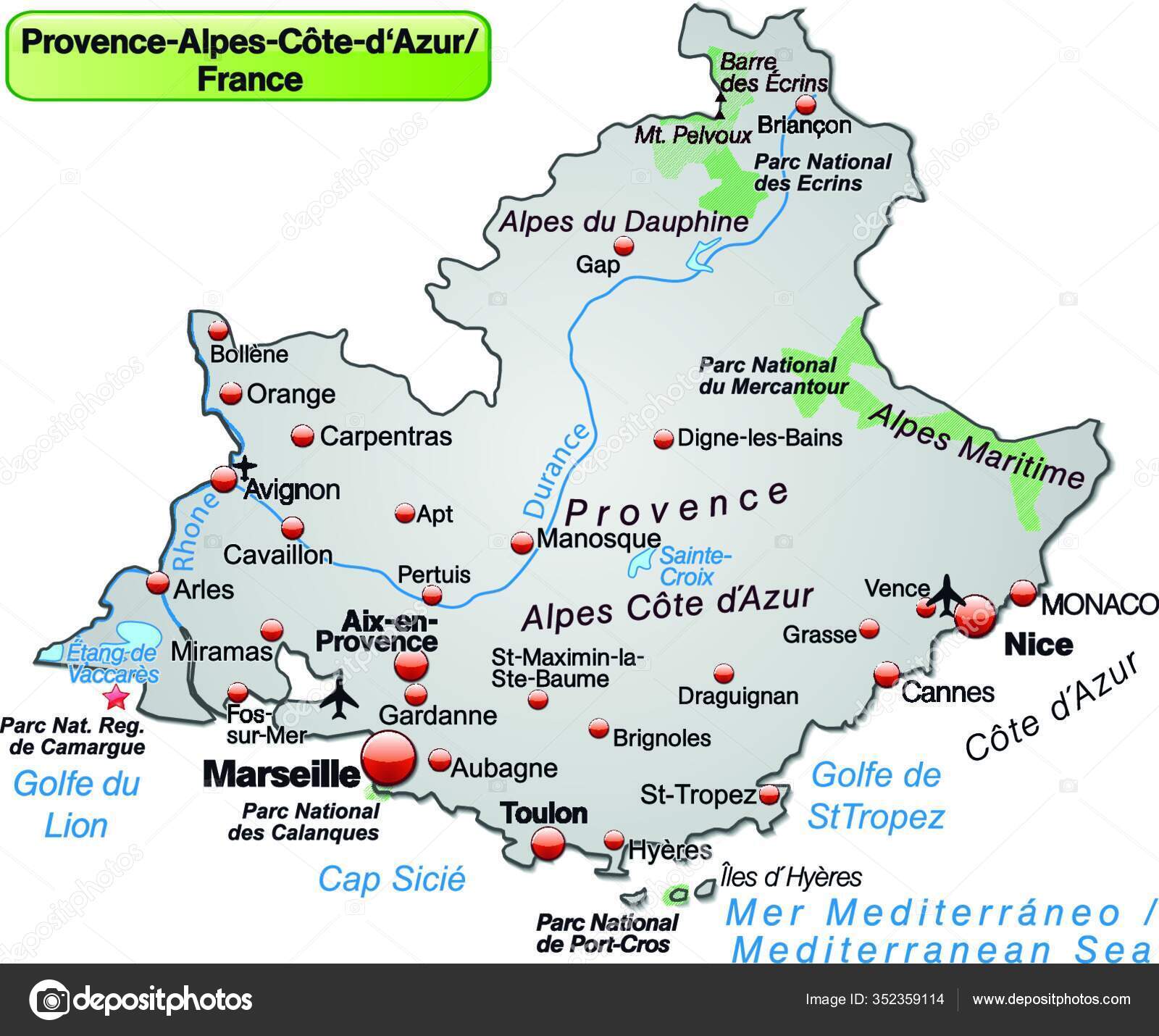 Provence Alpes Cote 'Azur Francia Como Mapa Insular Toda Información Vector de stock #352359114 ...