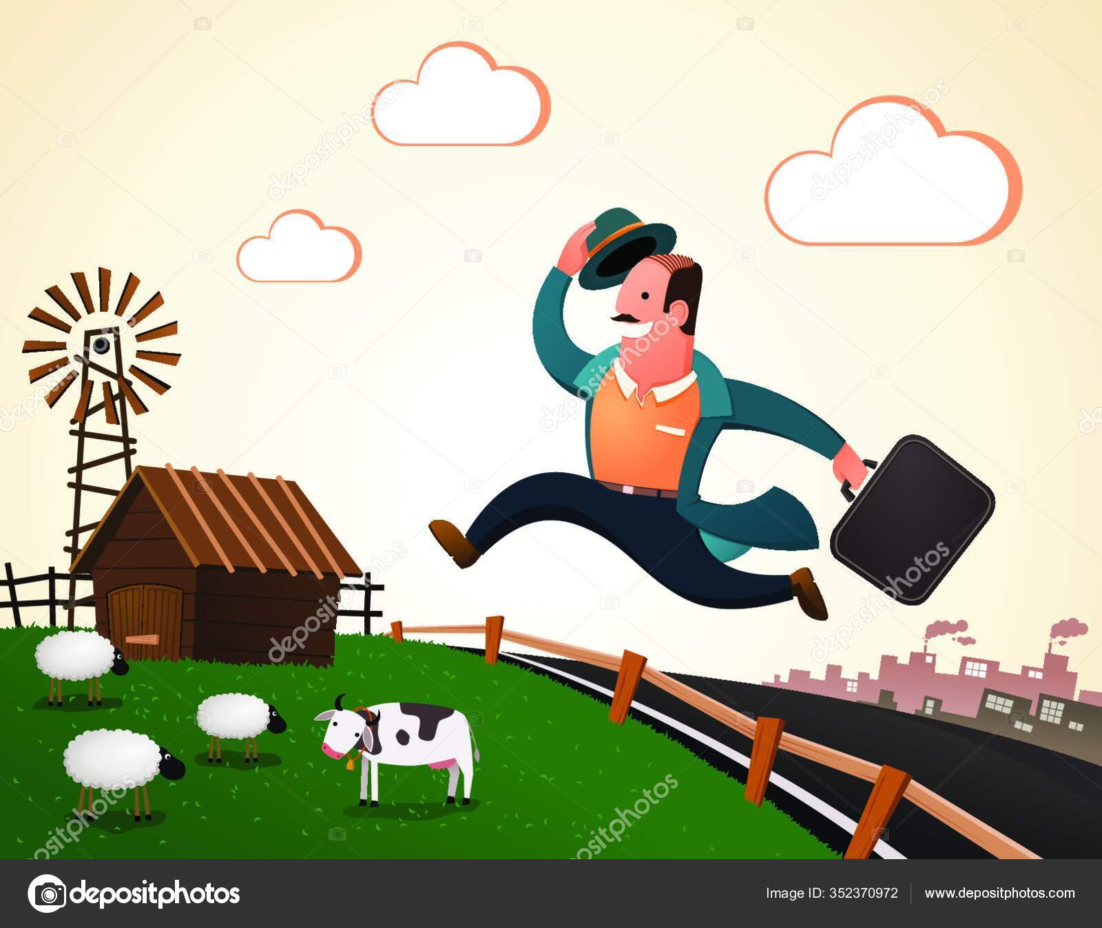 Villager Jumping Smiling Happily Return Village His Retirement Enjoying ...