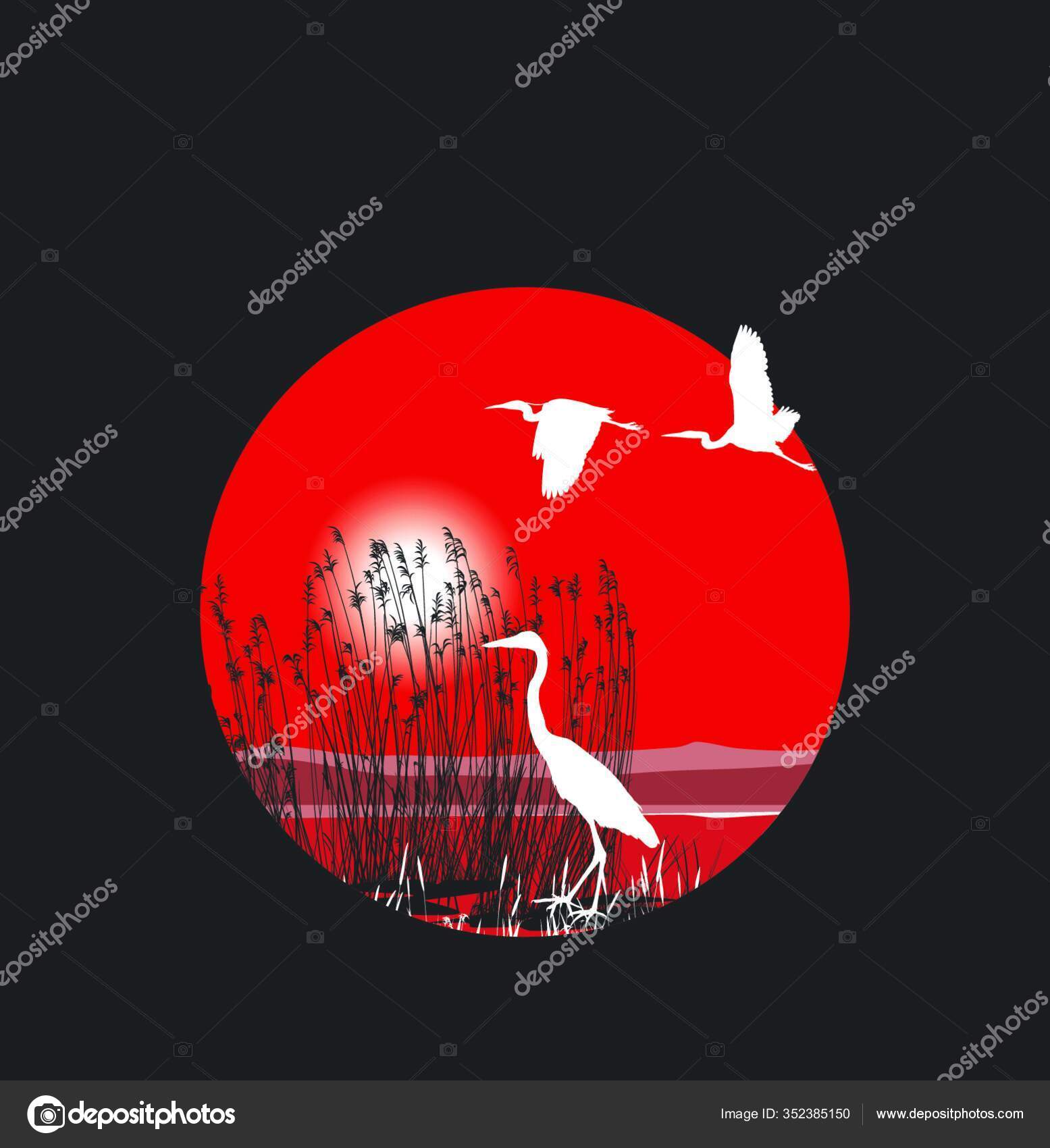 Circular Piece Landscape Reeds Flying Herons Stock Vector by ...