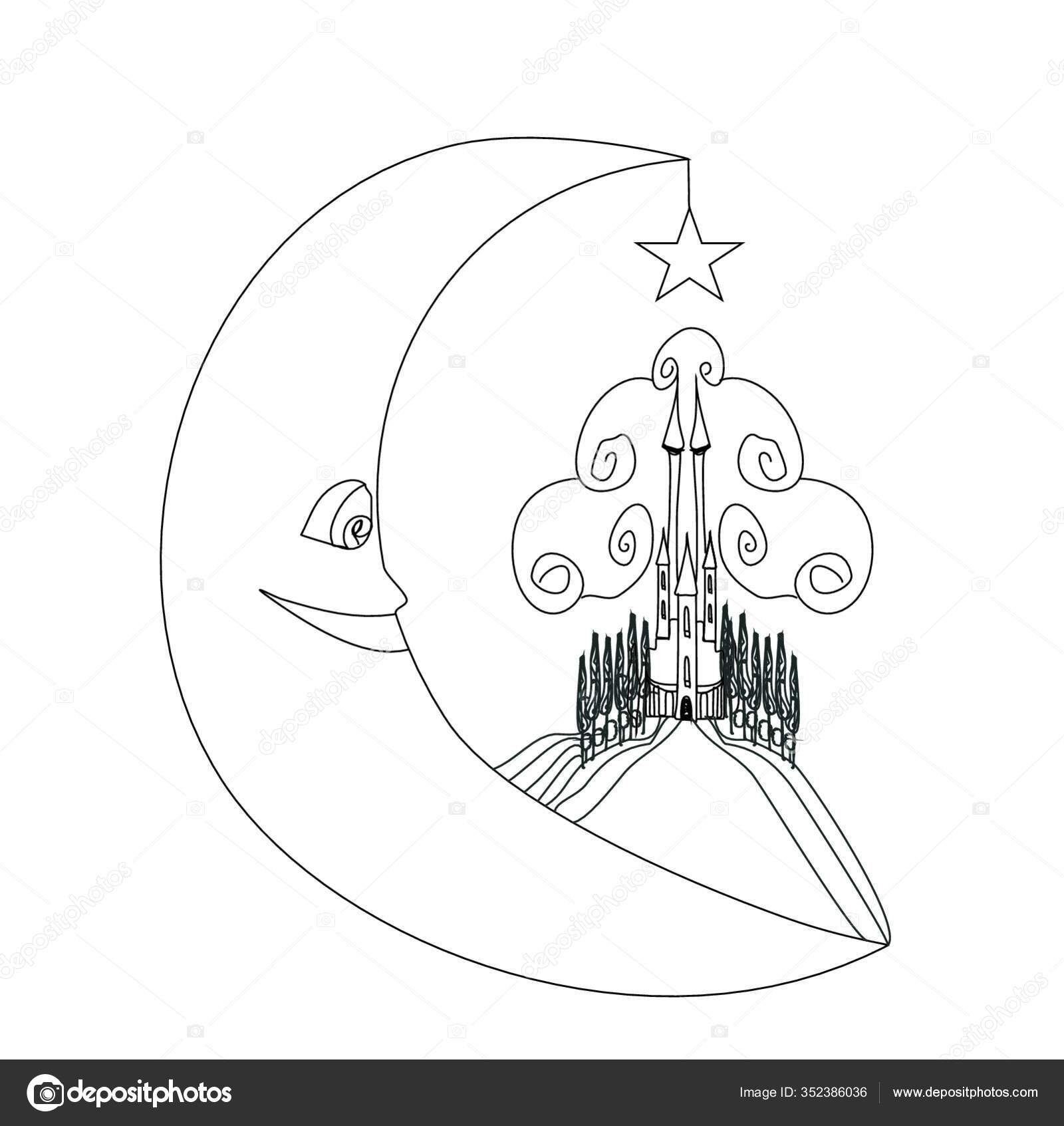 Medieval Castle Smiling Moon Hand Drawing Illustration Stock Vector by ...