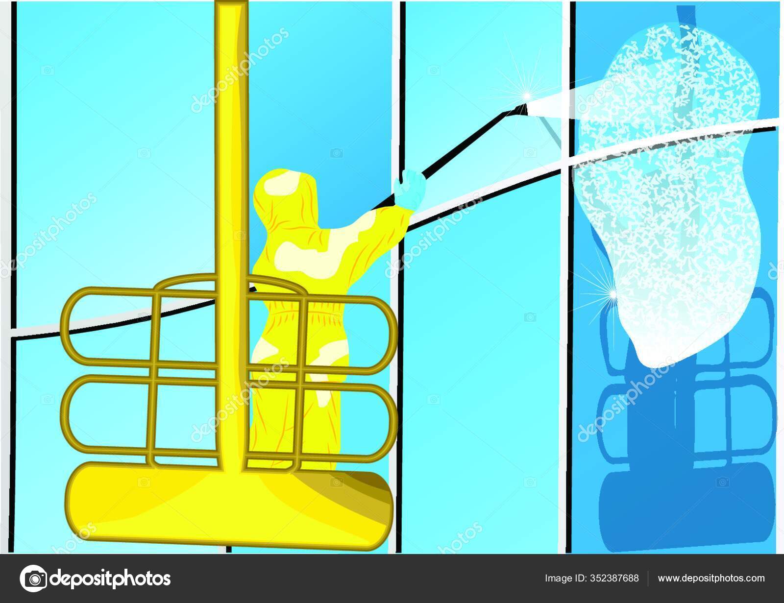 Building Washing Worker Cherry Picker Washing Windows Stock Vector ...