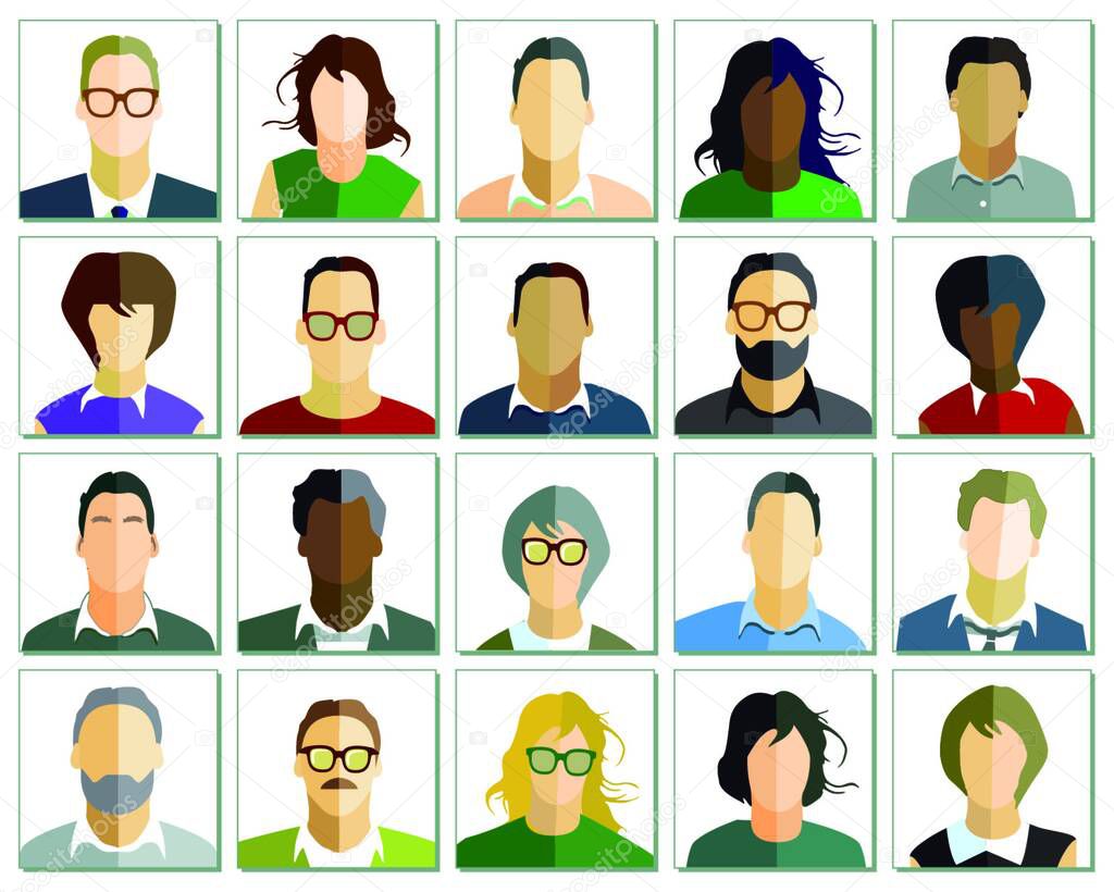 conjunto de iconos de avatares masculinos y femeninos en estilo plano 2024