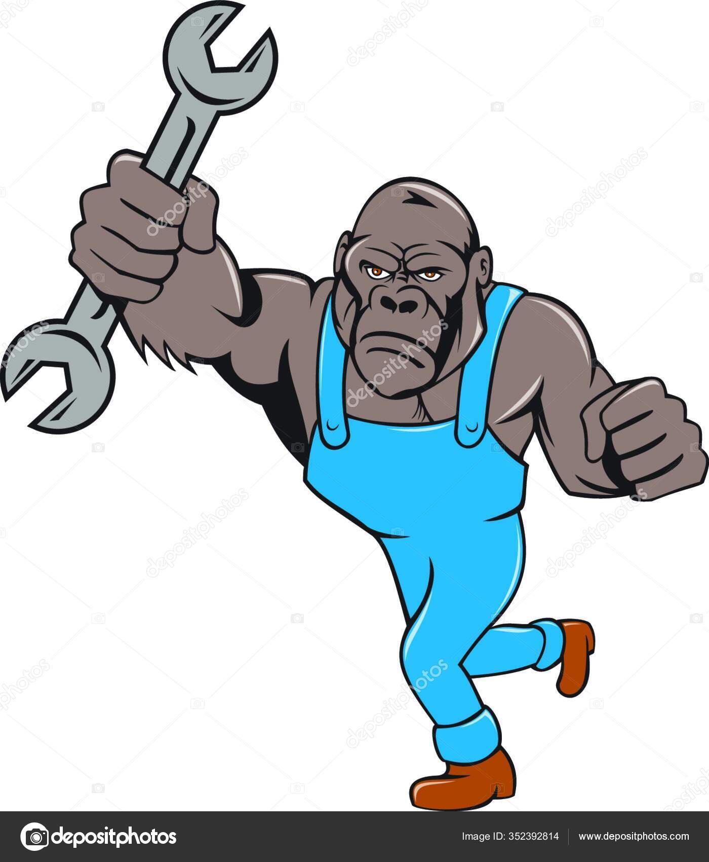 Ilustración Mecánico Simios Gorila Enojado Pie Con Llave Perforando ...