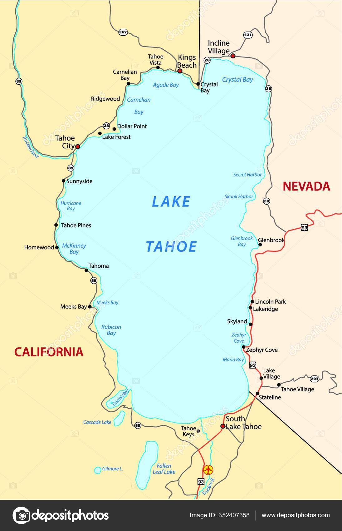 Lago Tahoe Mapa Vector Ilustración Vector de stock #352407358 de ...