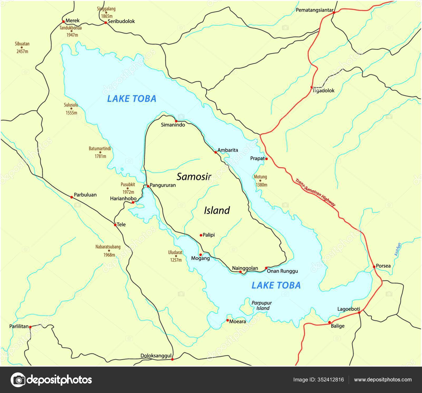 Vector Road Map Indonesian Volcano Lake Toba Sumatra Stock Vector Image ...