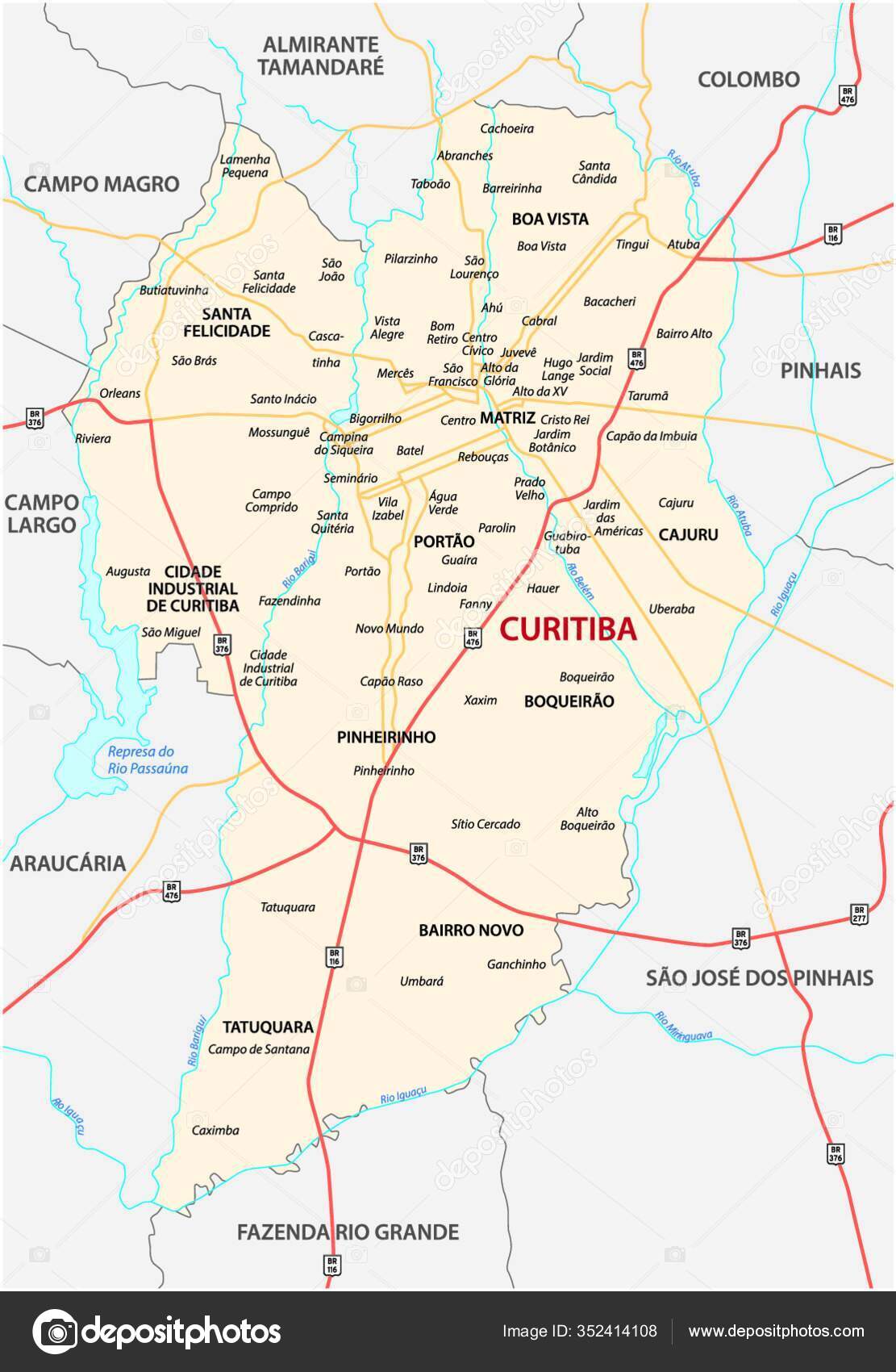 Road Map Brazilian City Curitiba All Districts Neighborhoods Stock ...