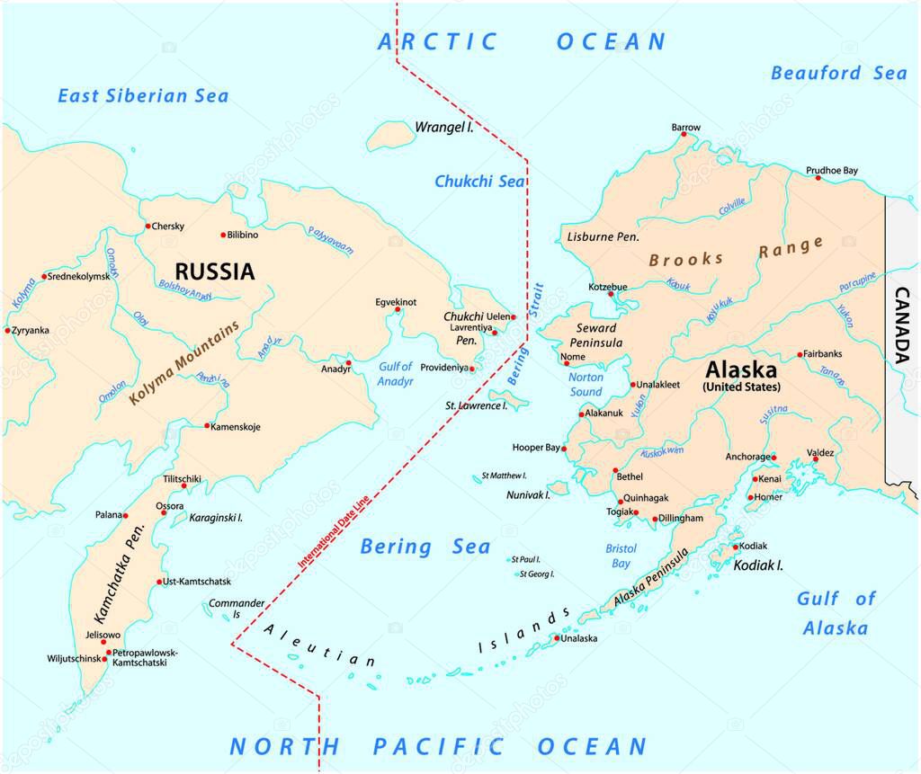 mapa vectorial del estrecho de Bering entre Rusia y Alaska 2022