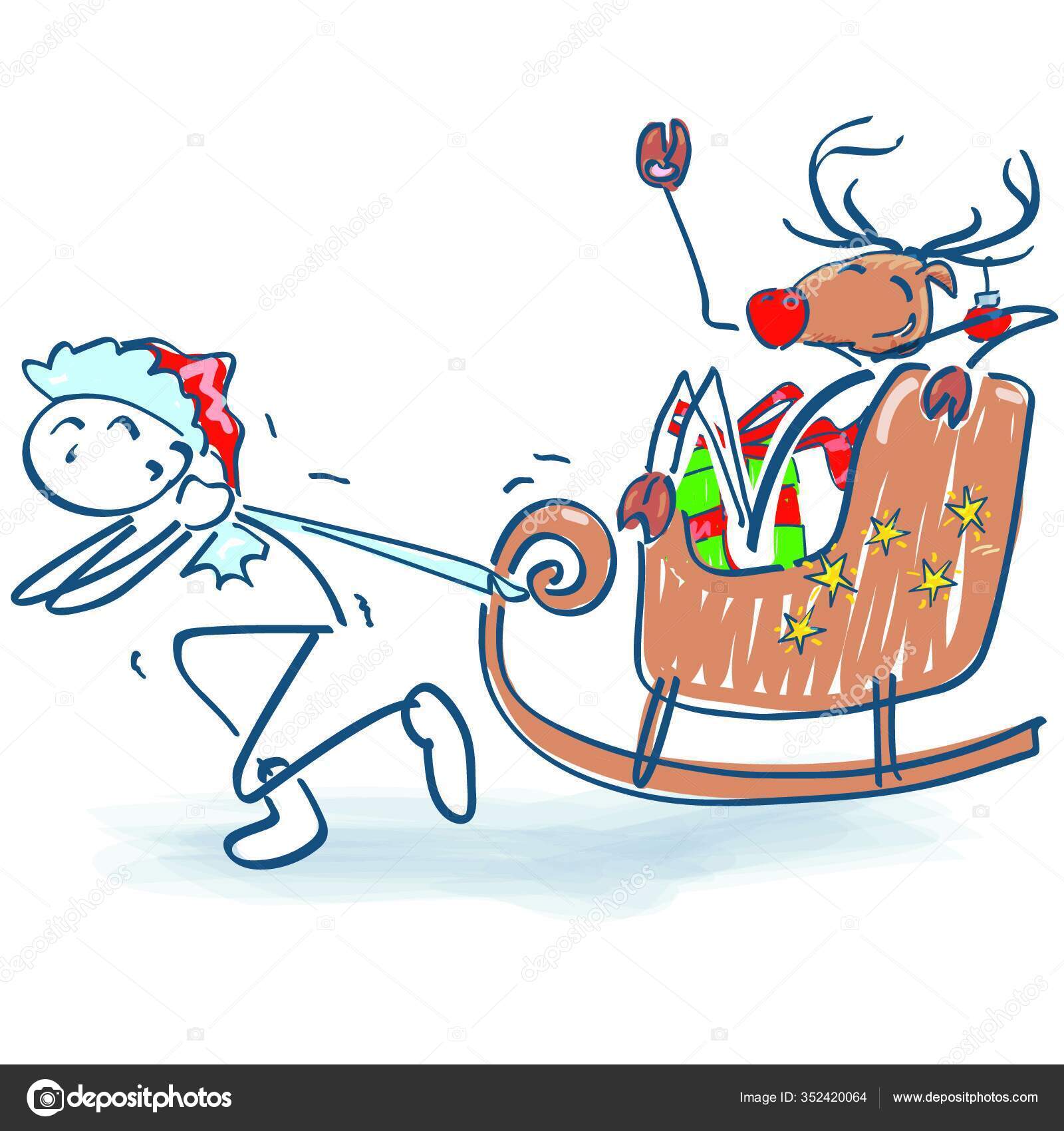 Stick Figure Santa Claus Pulls Sledge Reindeer Stock Vector Image by ...