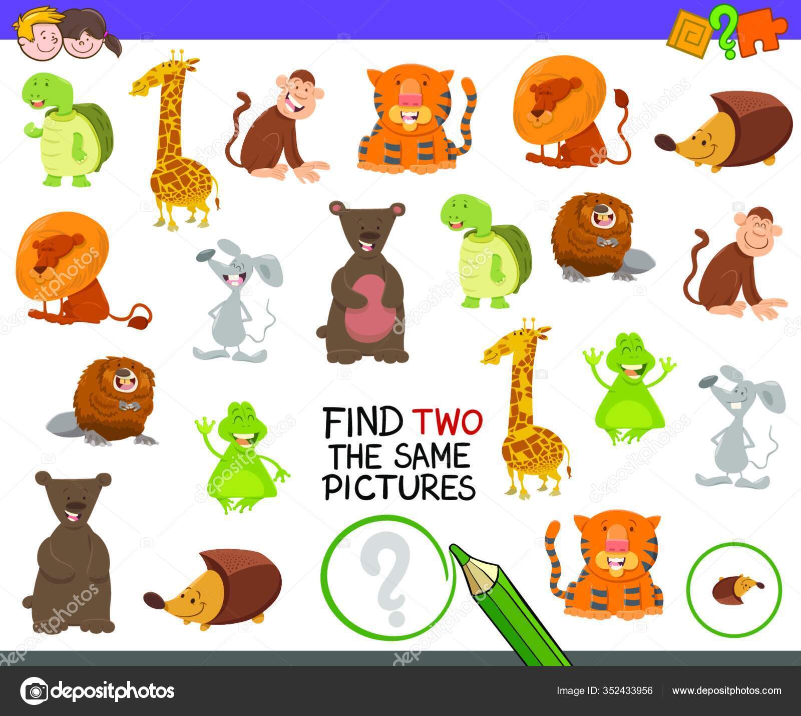 Cartoon Illustration Finding Two Exactly Same Pictures Educational ...