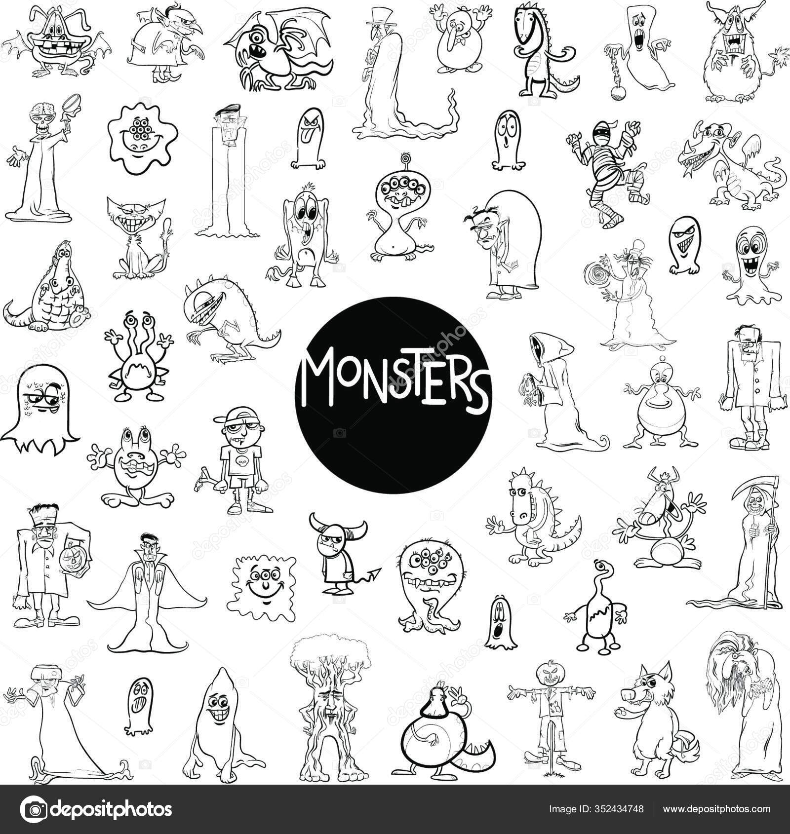 Sort Hvid Tegneserie Illustration Monstre Fantasi Tegn Kæmpe Sæt Stock ...