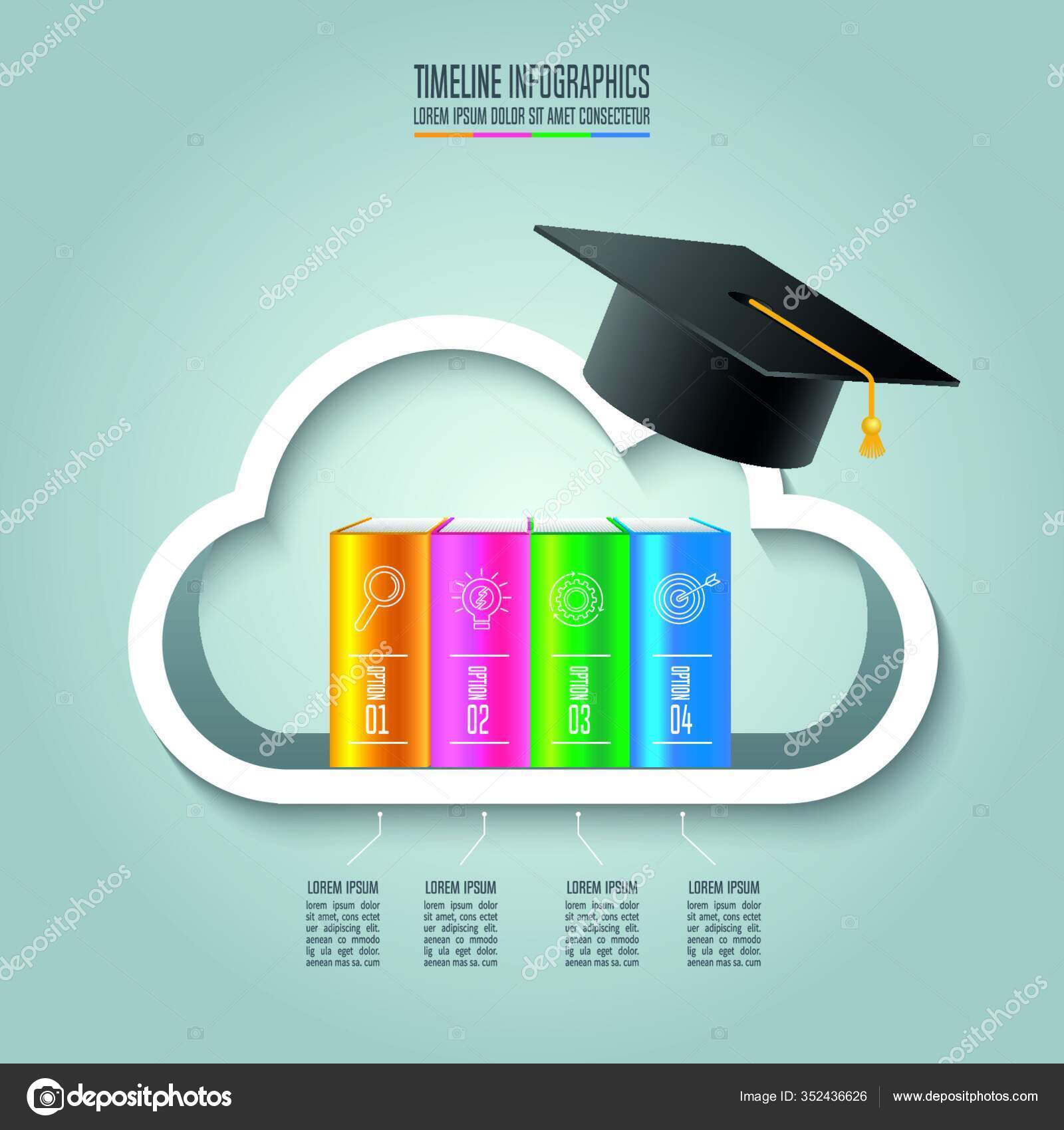 Education Infographics Template Step Option Graduation Cap Shelf ...