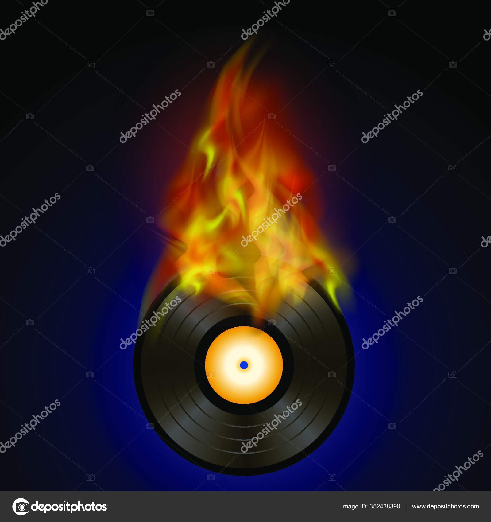 Burning Vinyl Disc Fire Flame Isolated Blue Background Stock Vector ...
