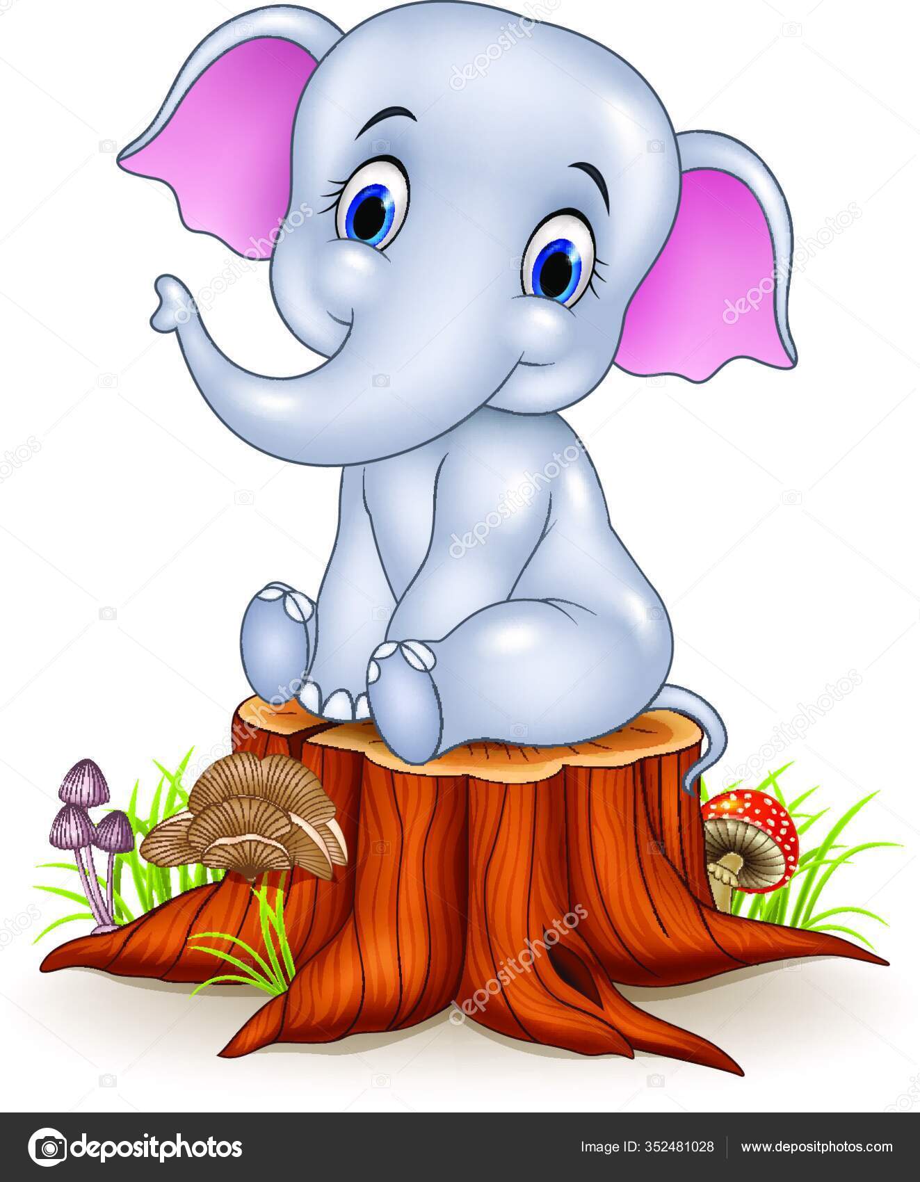 Cartoon Divertido Elefante Bebé Sentado Tronco Los Árboles Vector de ...