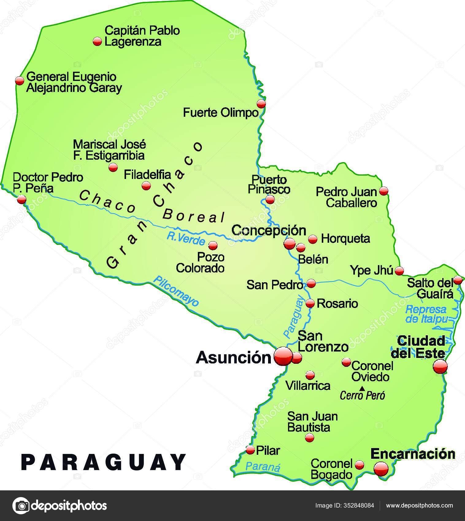 Mapa Paraguay Como Mapa General Verde Pastel Vector de stock #352848084 ...