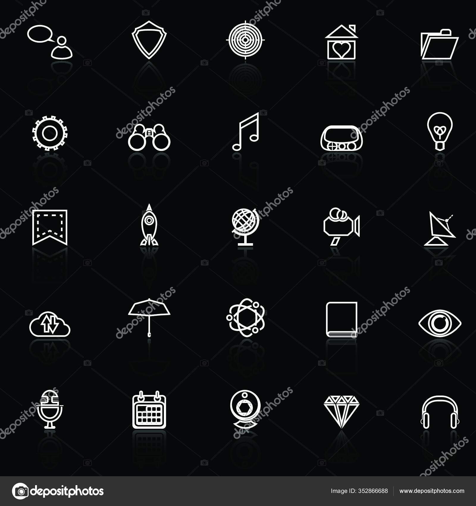White Line Icons Set Black Background Stock Vector Stock Vector by ...