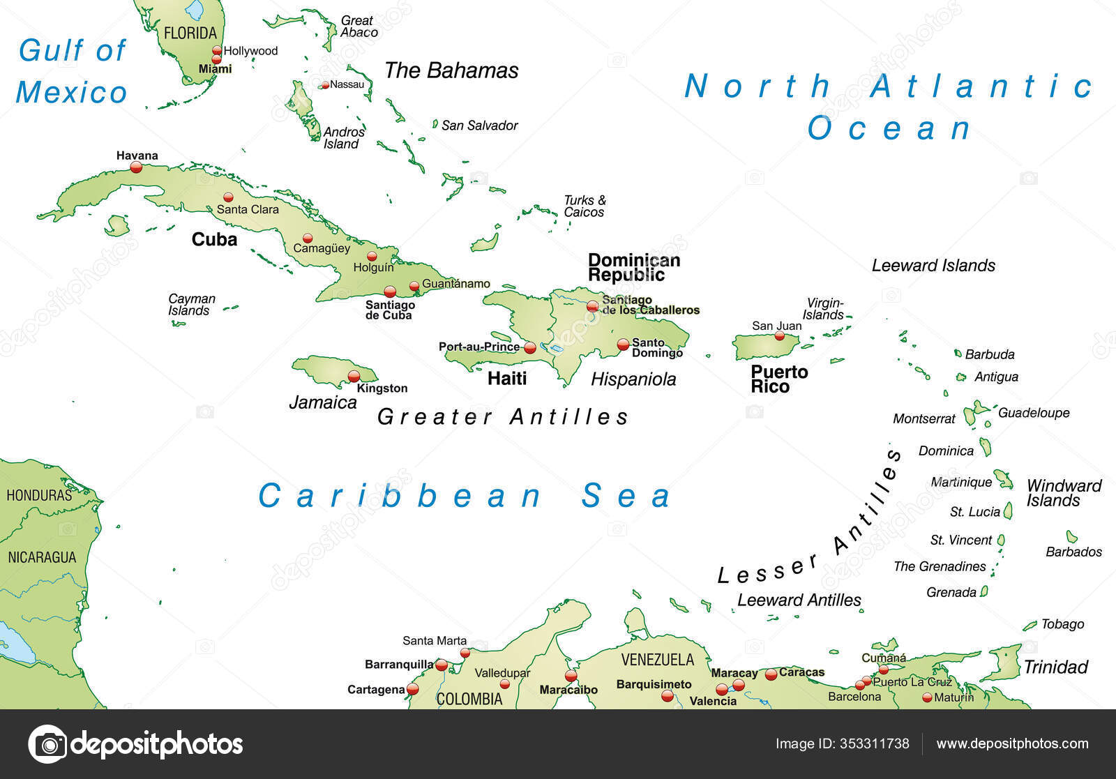 Mapa Las Antillas Como Mapa General Verde Pastel — Foto de stock ...