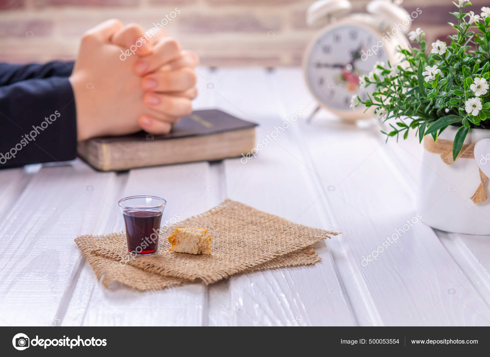 Lady Praying With Bread And Bible