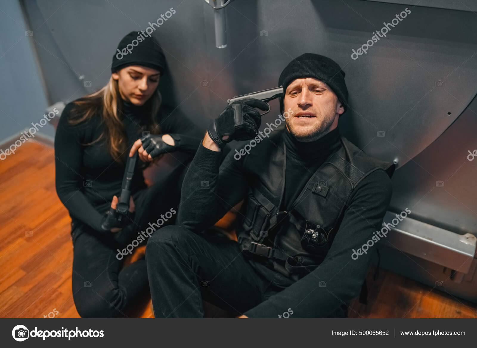 Bank Robbery Sad Robbers Black Uniform Can't Open Vault Lock — Stock ...