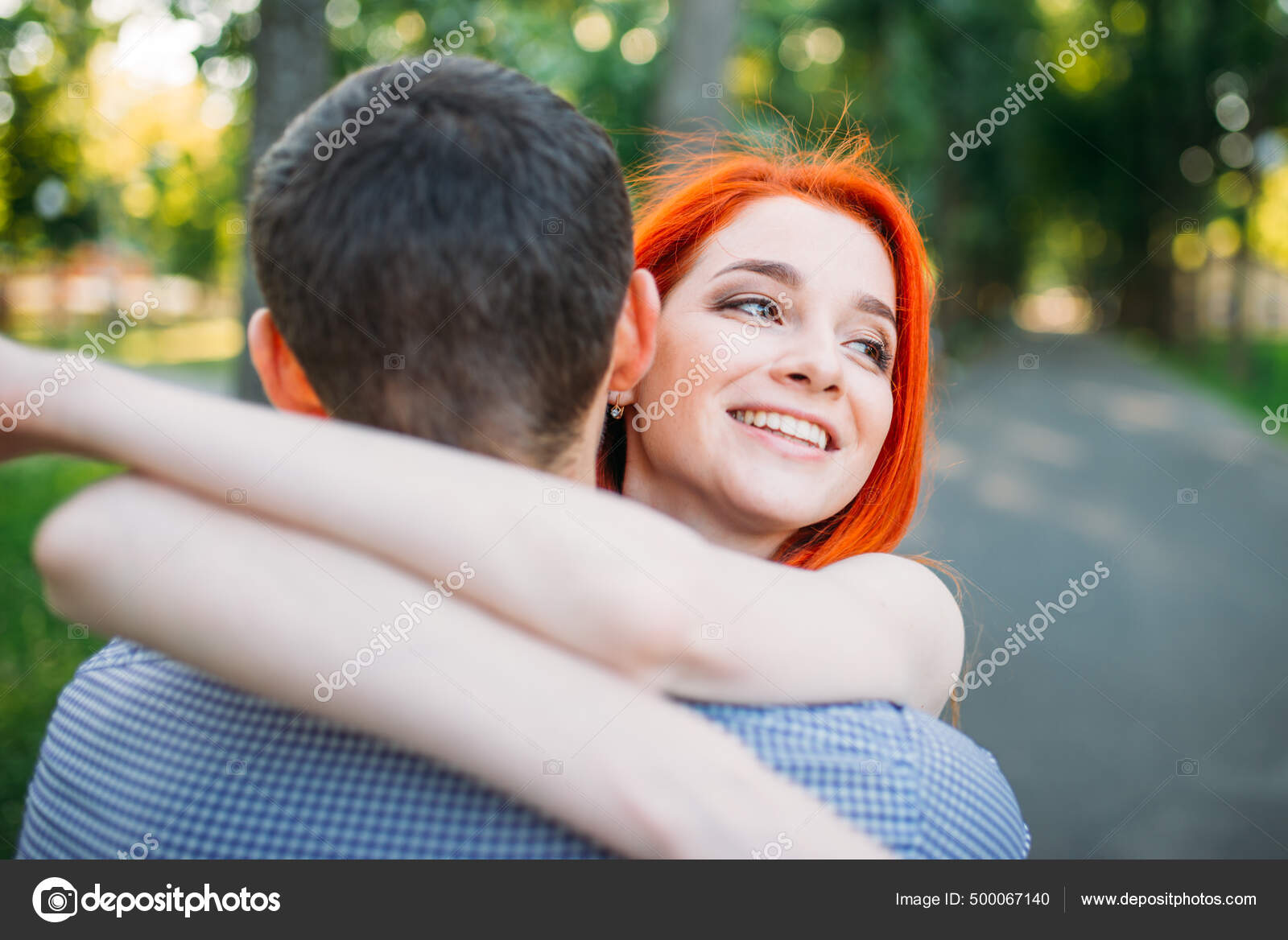 Romantic Meeting Young Couple Hugs Together Green Summer Park Man ...