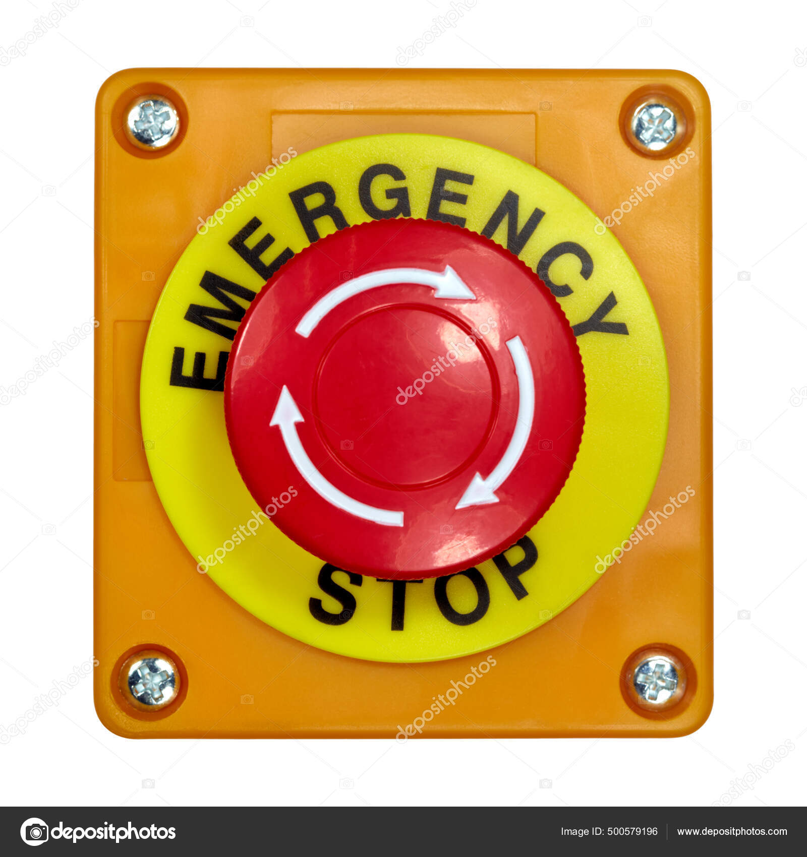 Botão Vermelho Numa Caixa Amarela Com Rótulo Emergency Stop ...